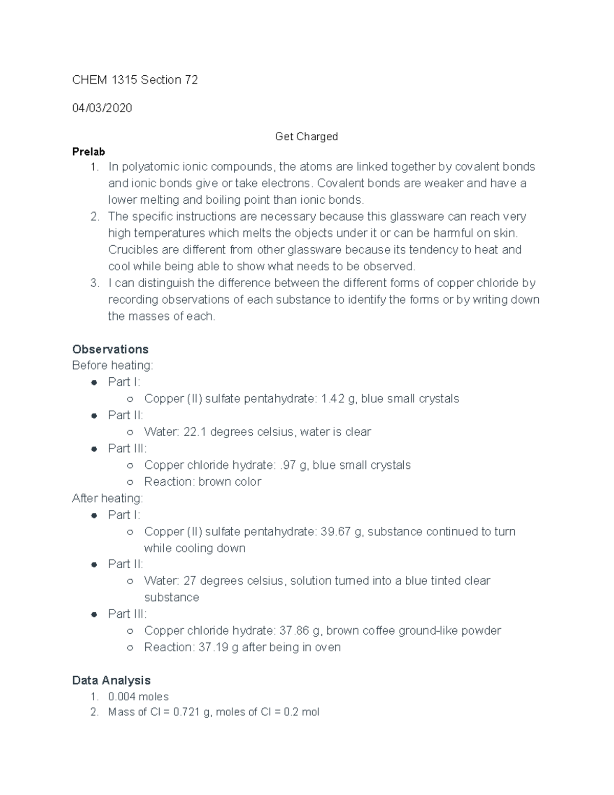 Lab report 9, Get Charged - CHEM 1315 Section 72 04/03/ Get Charged ...