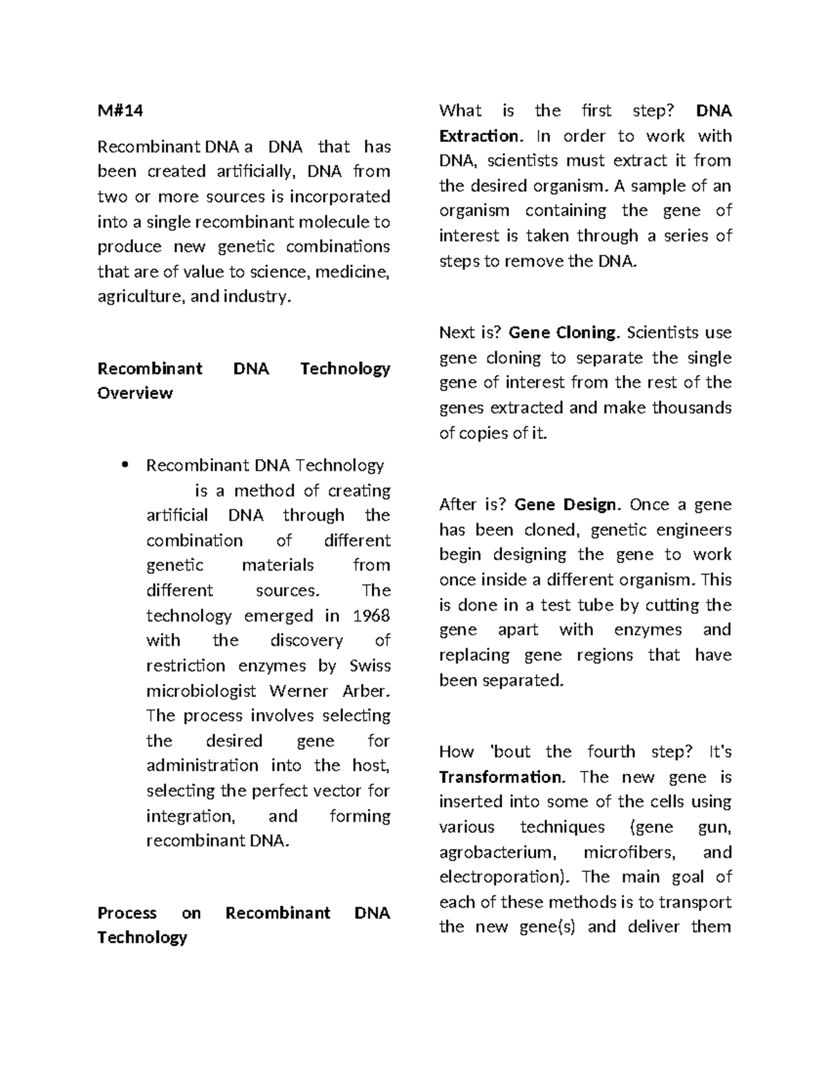 STM-008-Review - M# Recombinant DNA a DNA that has been created ...
