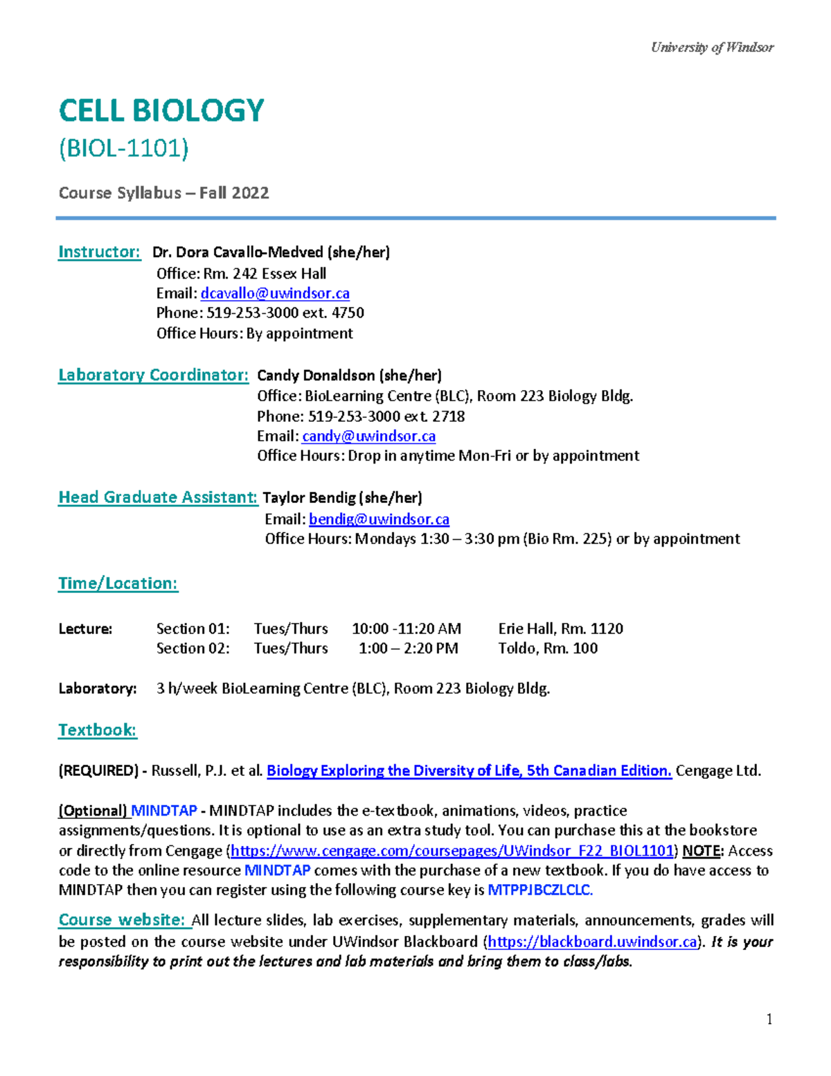 Cell Biology BIOL-1101-Syllabus-2022 - CELL BIOLOGY (BIOL-1101) Course ...