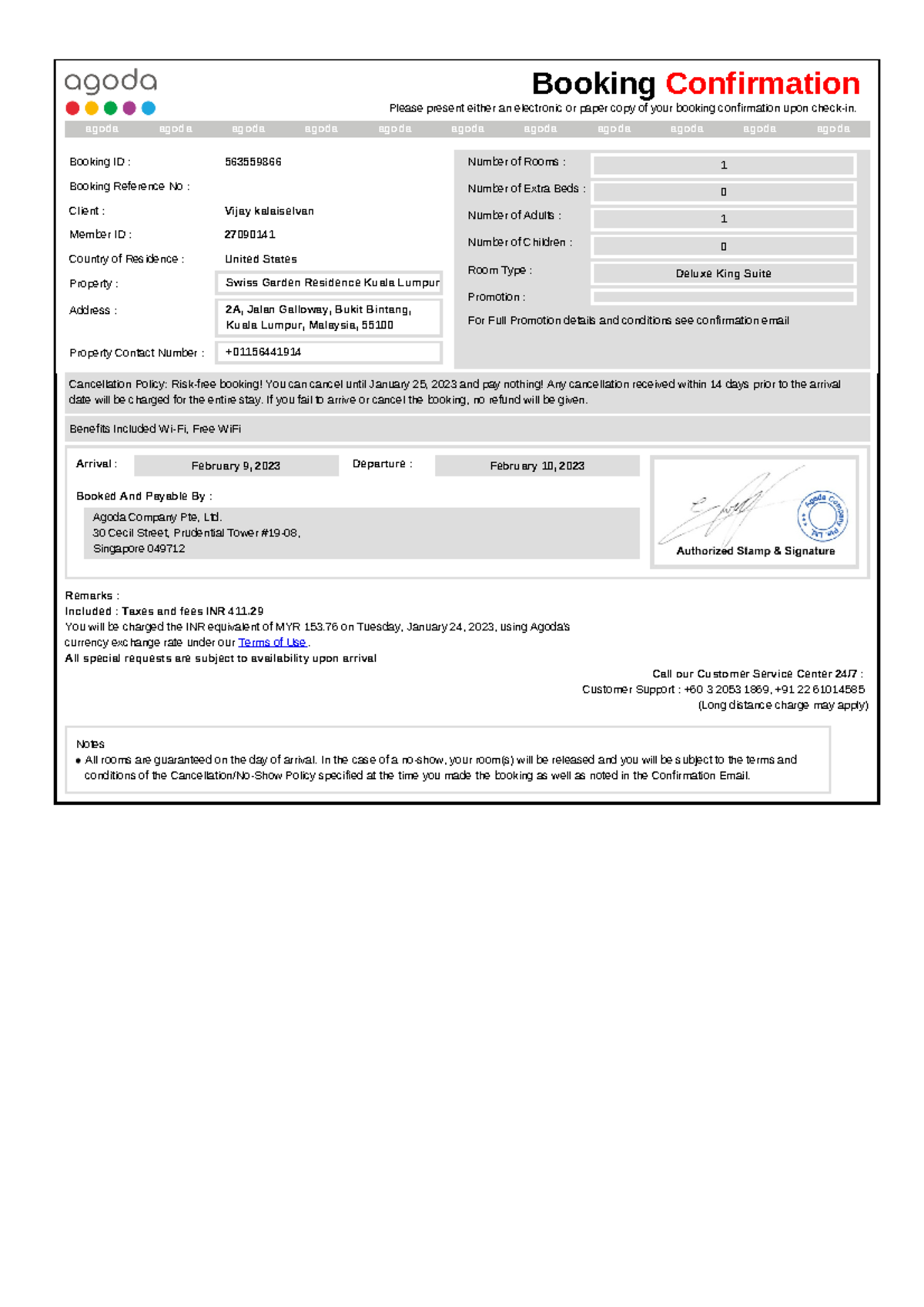 Confirmation for Booking ID # 563559866 - Booked And Payable By : Agoda ...