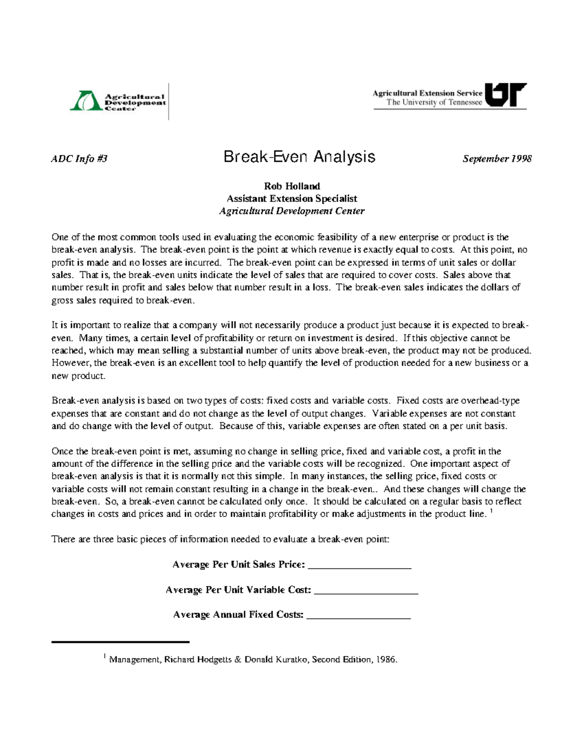 Break-even Analysis 1 - Lecture notes 2 - 1 Management, Richard ...