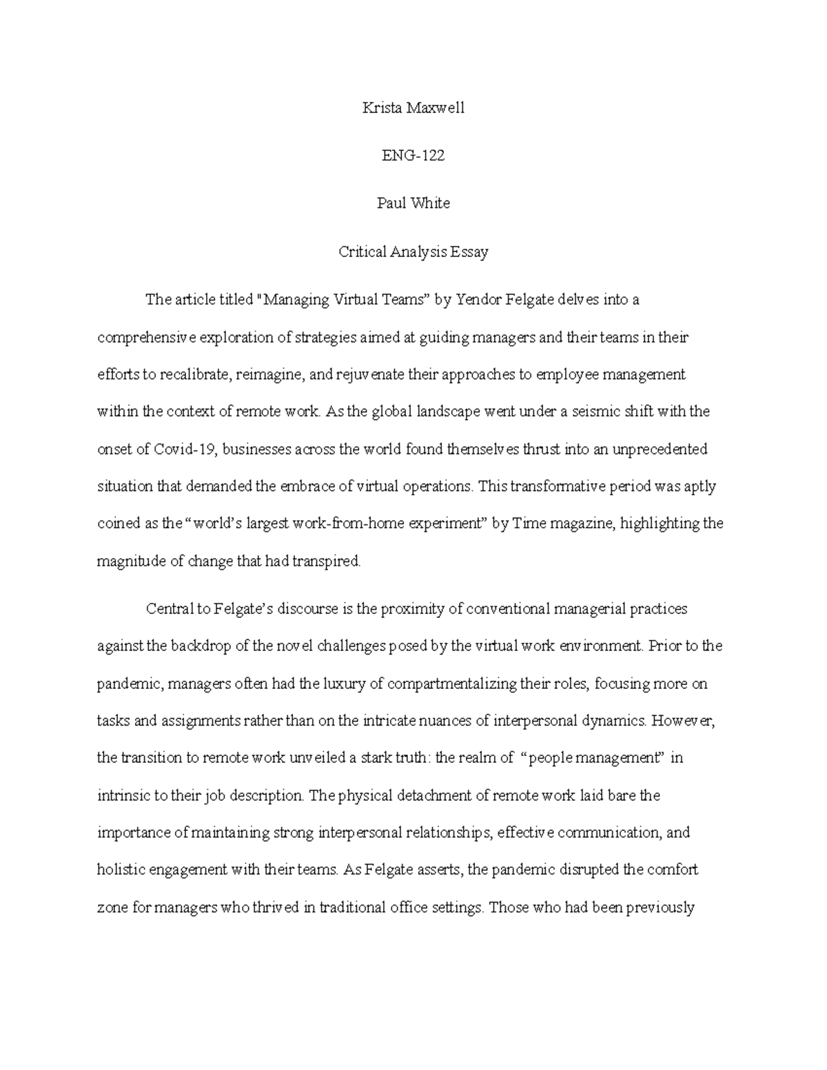 Critical analysis essay - Krista Maxwell ENG- Paul White Critical ...