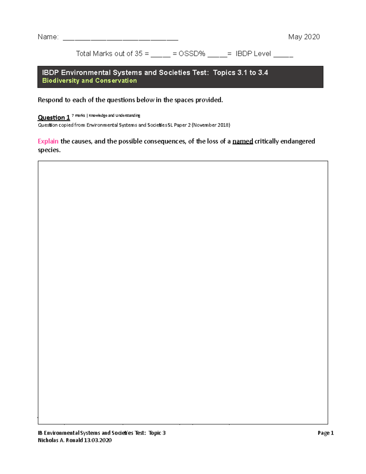 May 2020 IBDP Environmental Systems and Societies Test: Topics 3.1 to 3 ...