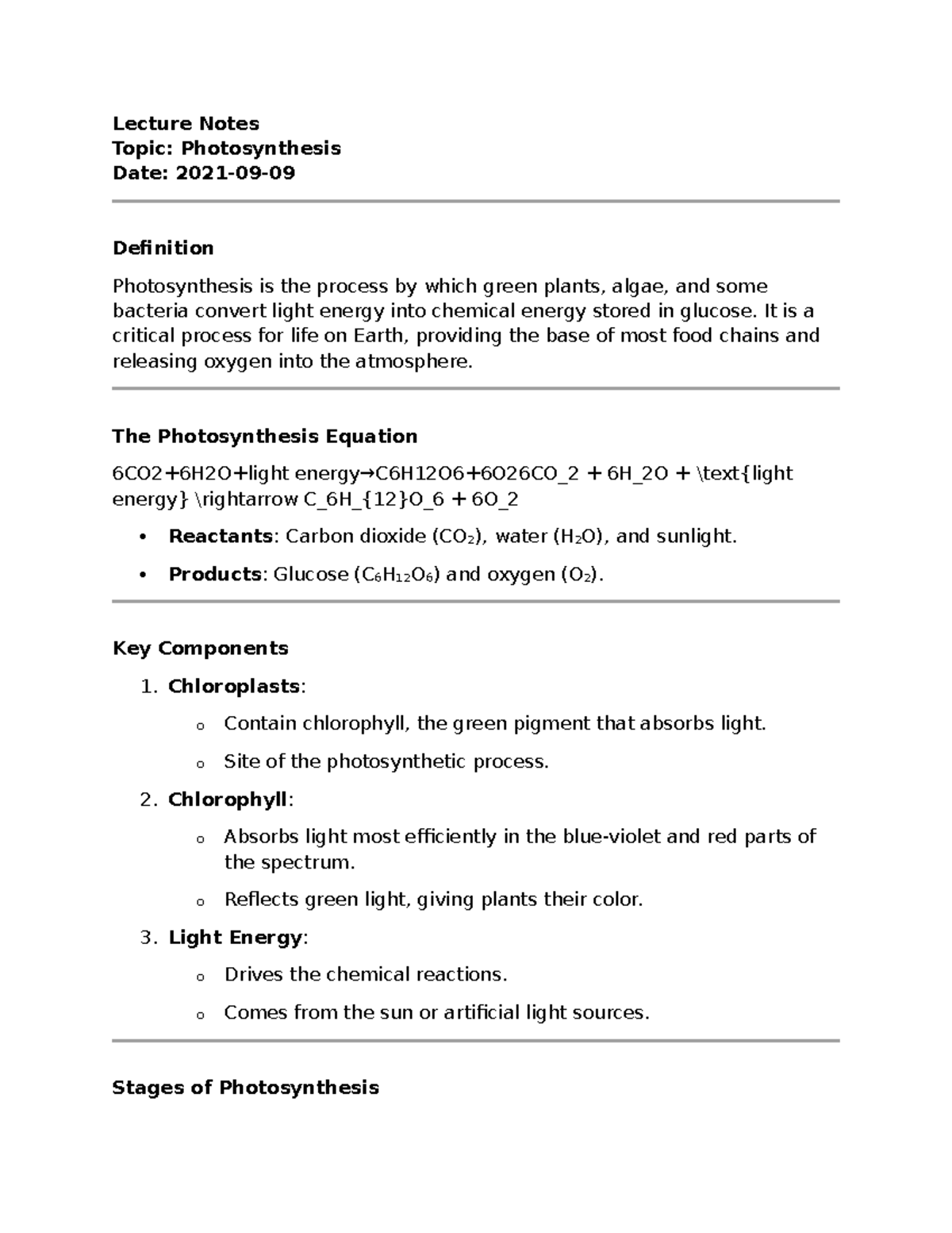 Lecture Notes - About the photosynthesis. - Lecture Notes Topic ...