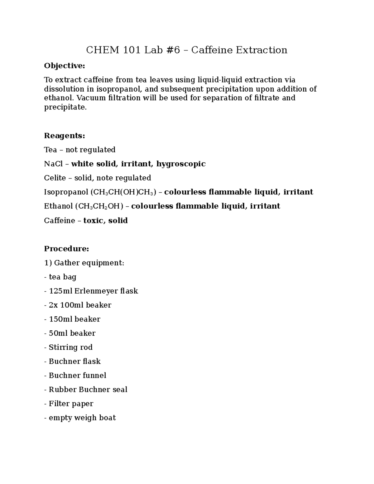 CHEM 101 Lab 6 prep doc - CHEM 101 Lab #6 – Caffeine Extraction ...