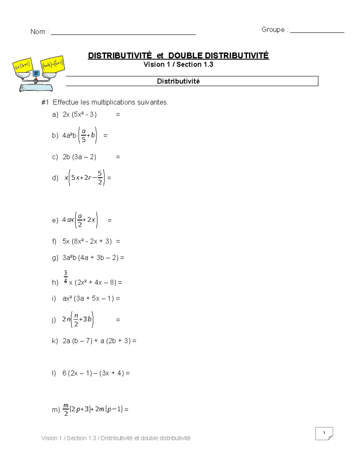 06Exercices distributivite - 1 DISTRIBUTIVITÉ et DOUBLE DISTRIBUTIVITÉ ...