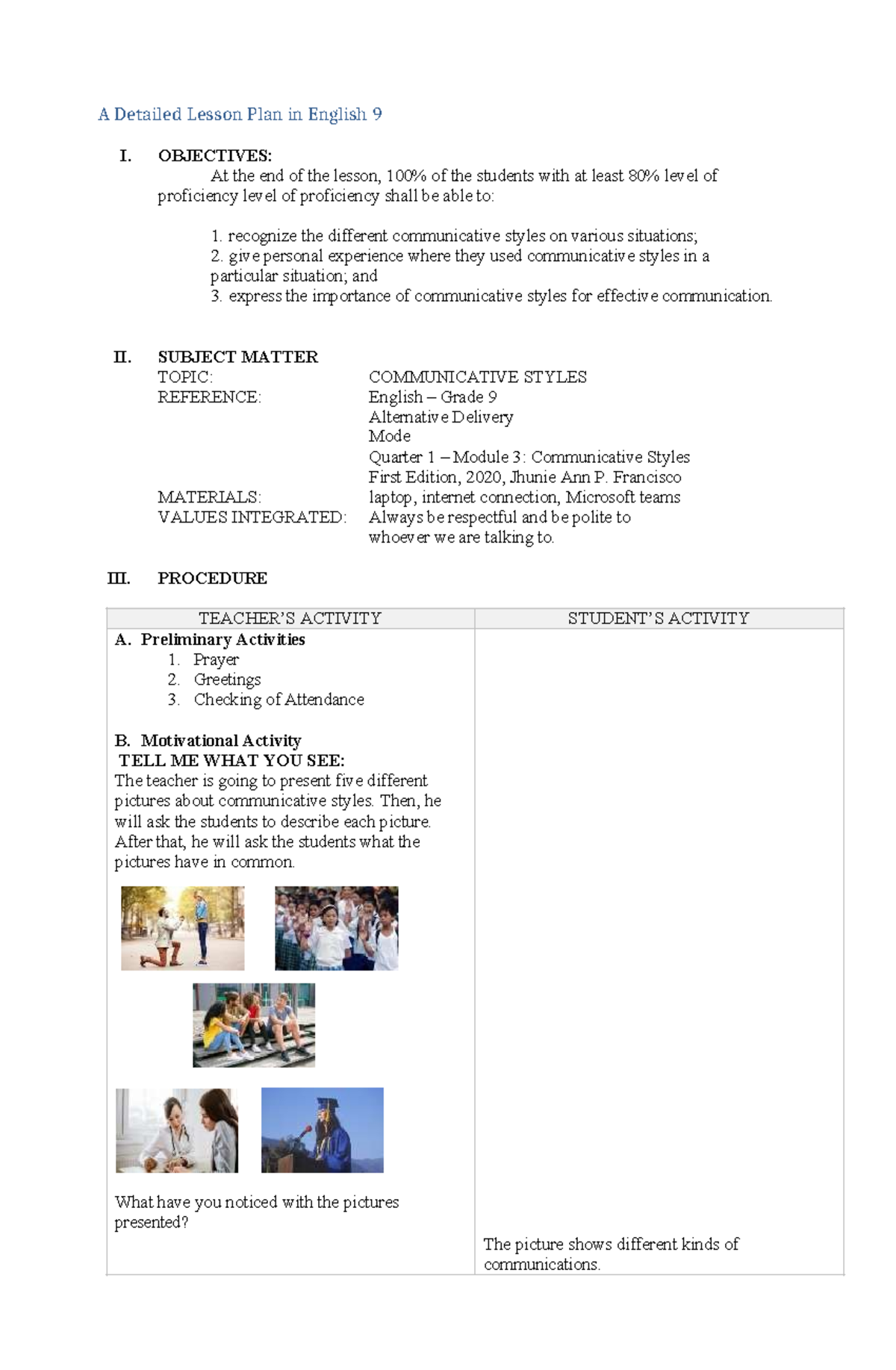 Quarter 1, Module 3 Communicative Styles - A Detailed Lesson Plan in ...
