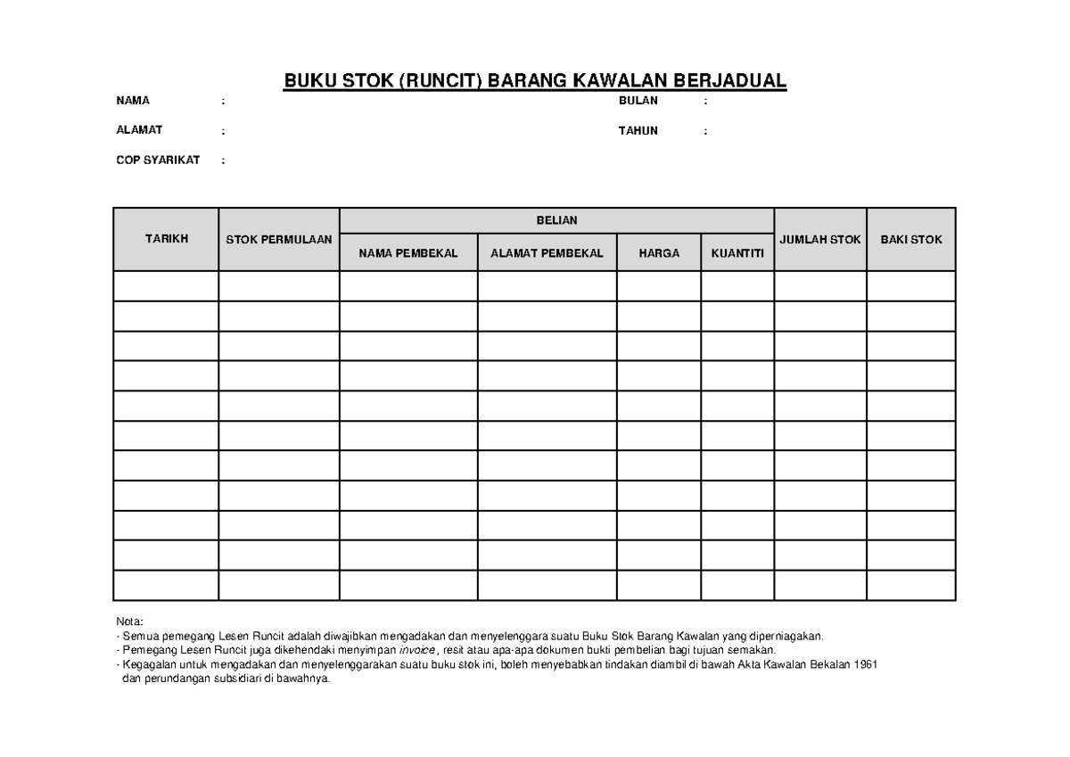 Format Buku Stok (Runcit) - NAMA : BULAN : ALAMAT : TAHUN : COP ...
