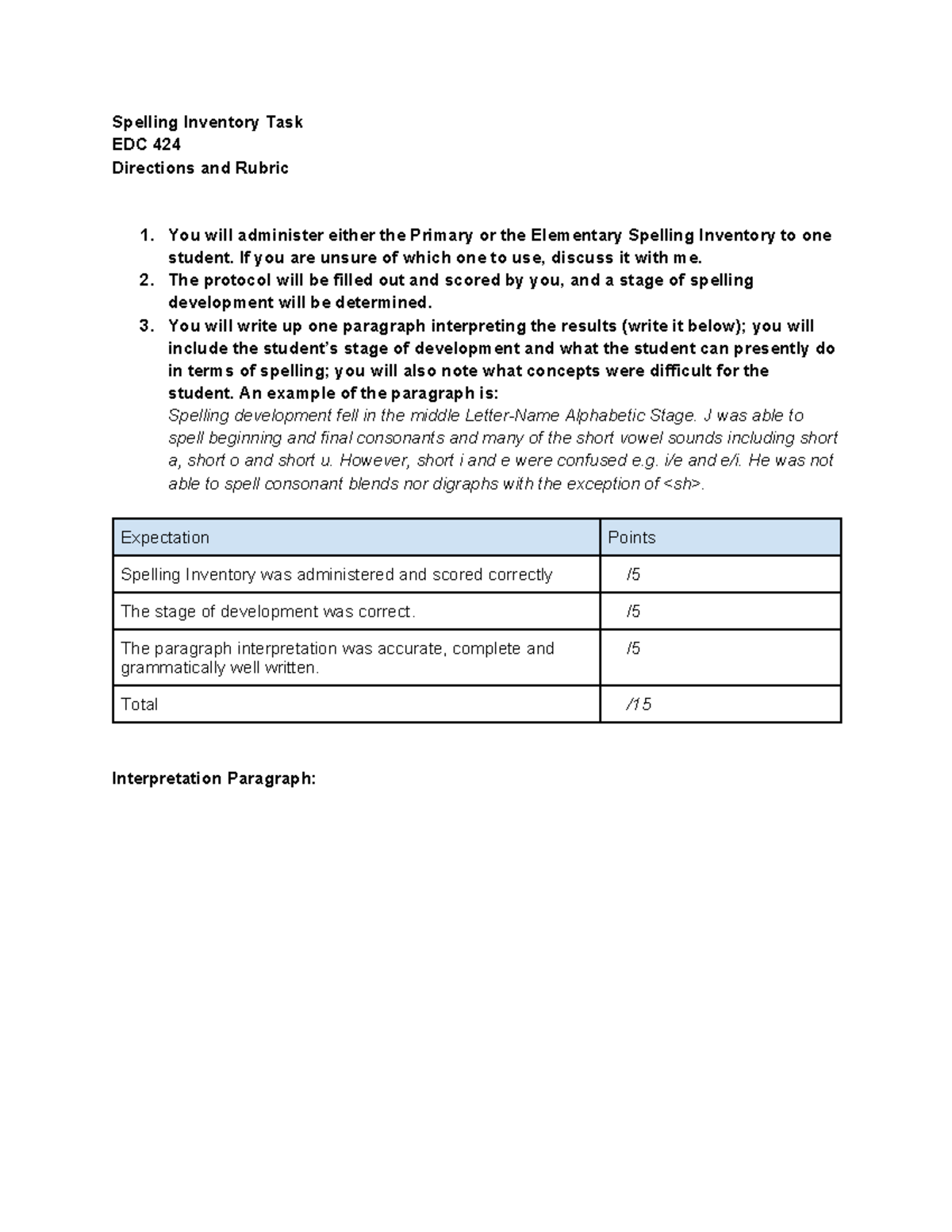 Spelling Inventory Task - You will administer either the Primary or the ...