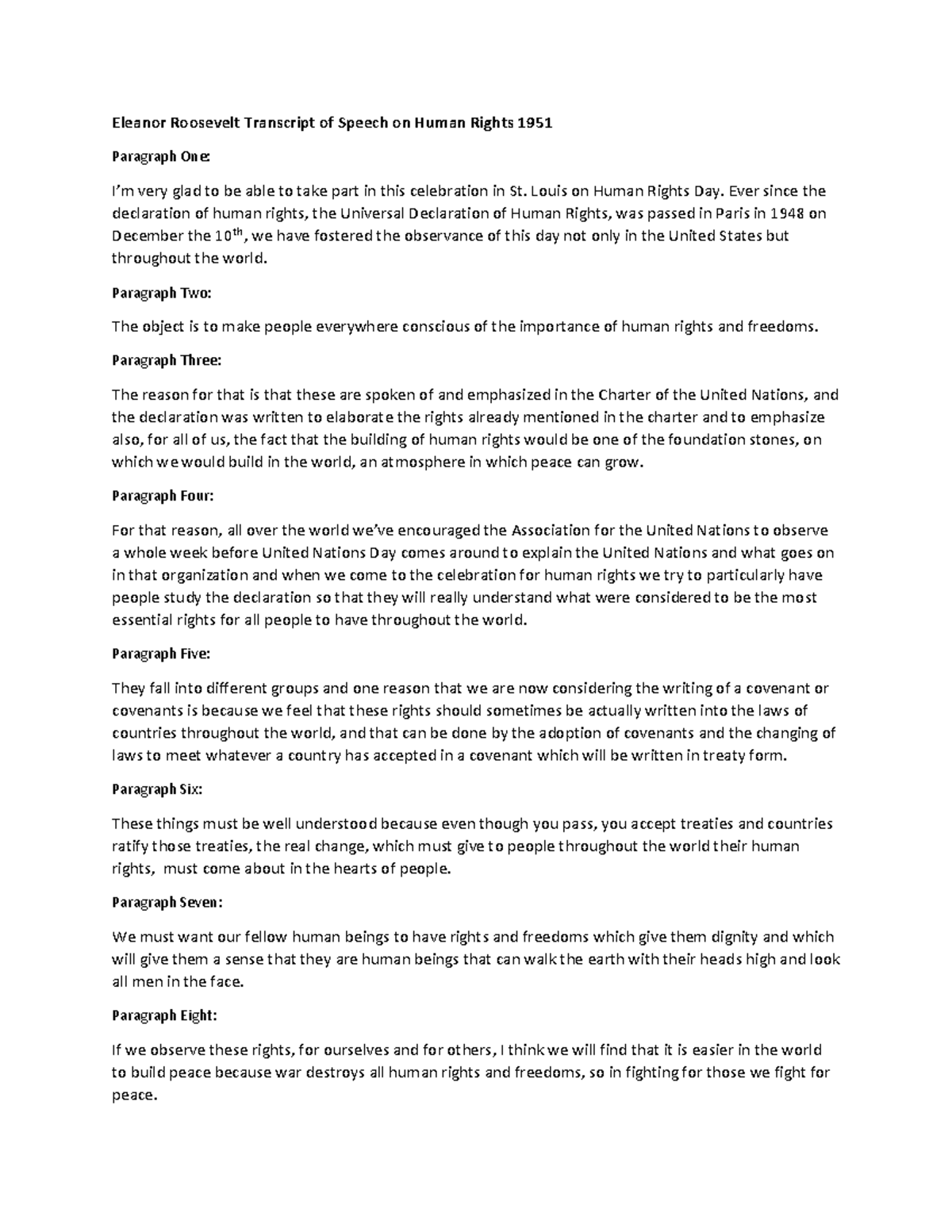 Eleanor Roosevelt Transcript of Speech on Human Rights 1951 - Louis on ...