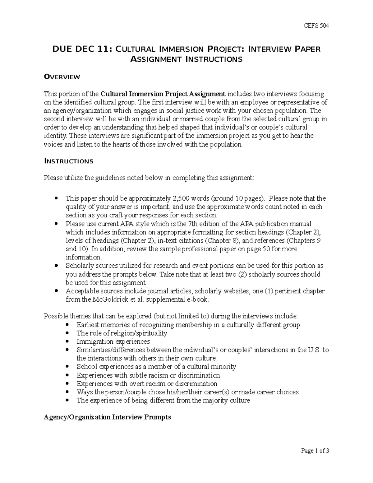 Cultural Immersion Project Interview Paper Assignment Instructions ...