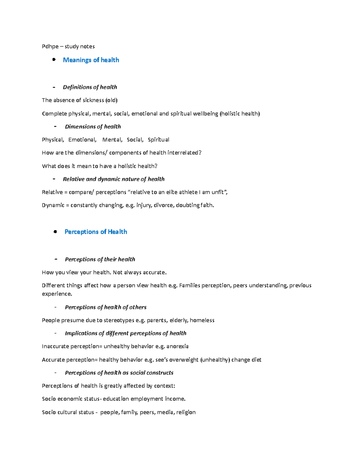Pdhpe study notes 2024 - Pdhpe – study notes Meanings of health ...