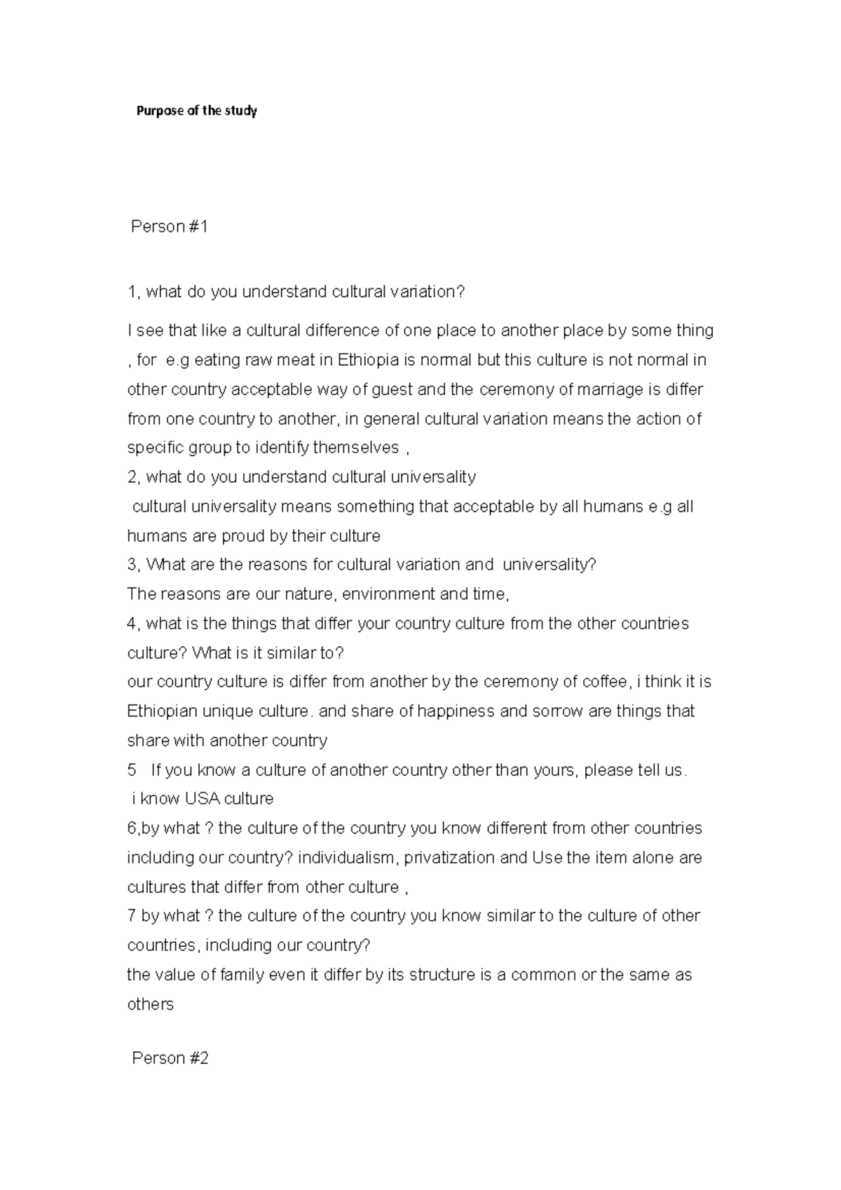 Cross cultural interview 1 - LPurpose of the study , Person # ’ 1, what ...