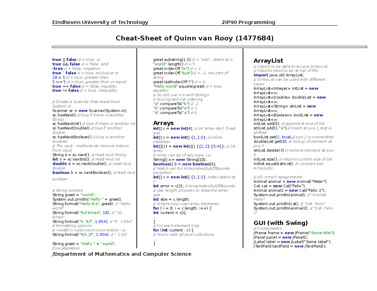 Cheat sheet programming - Eindhoven University of Technology 2IP90 ...