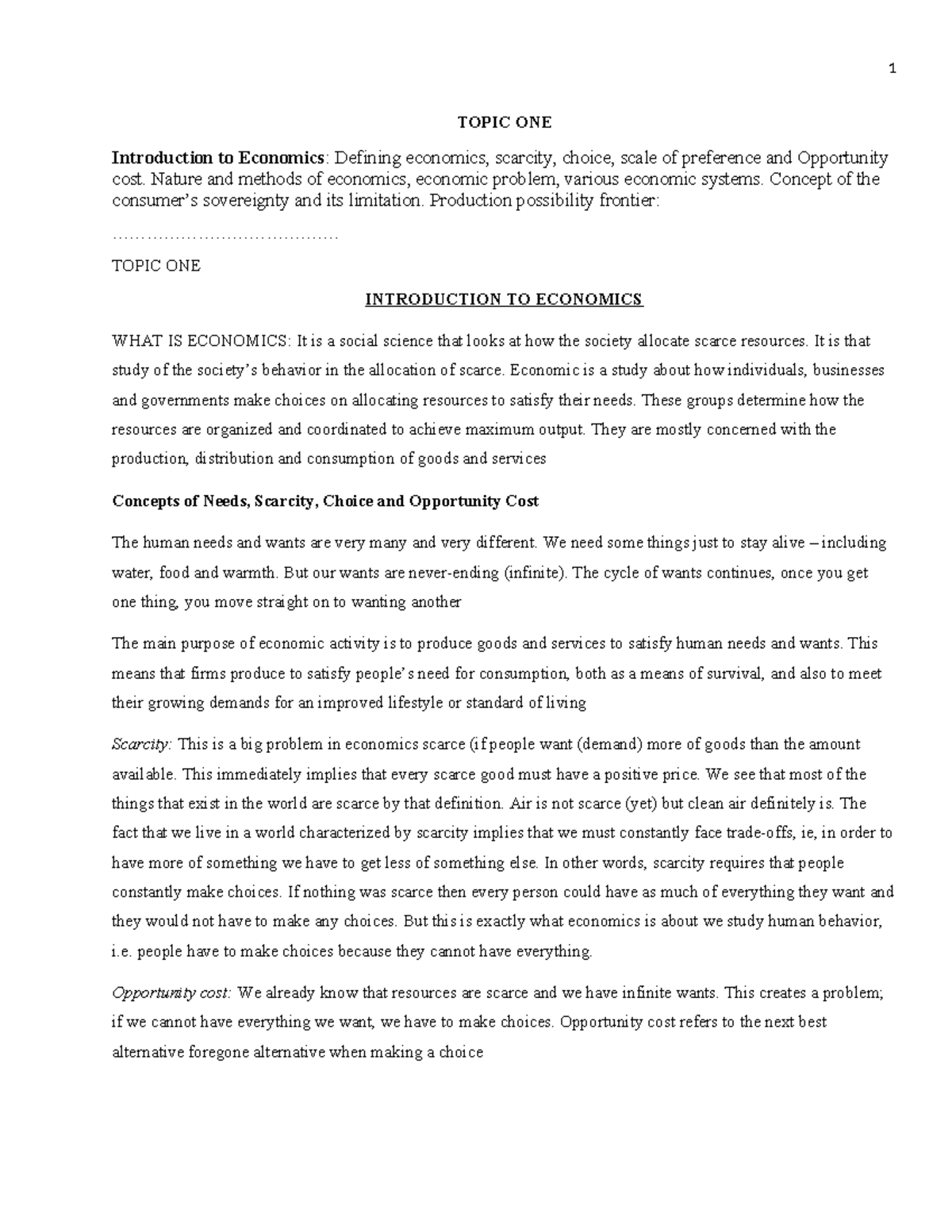 Topic ONE-introdcution - TOPIC ONE Introduction to Economics: Defining ...