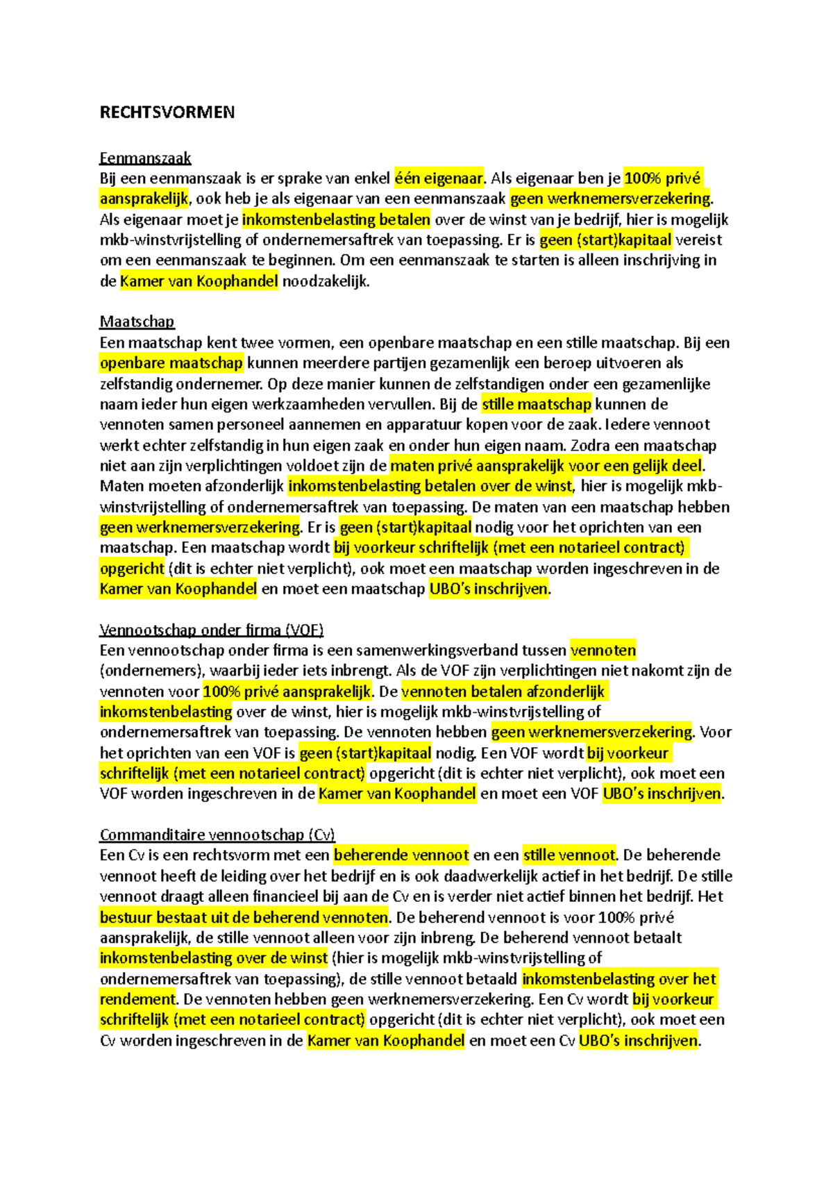 Rechtsvormen ondernemingsrecht uitleg - RECHTSVORMEN Eenmanszaak Bij ...