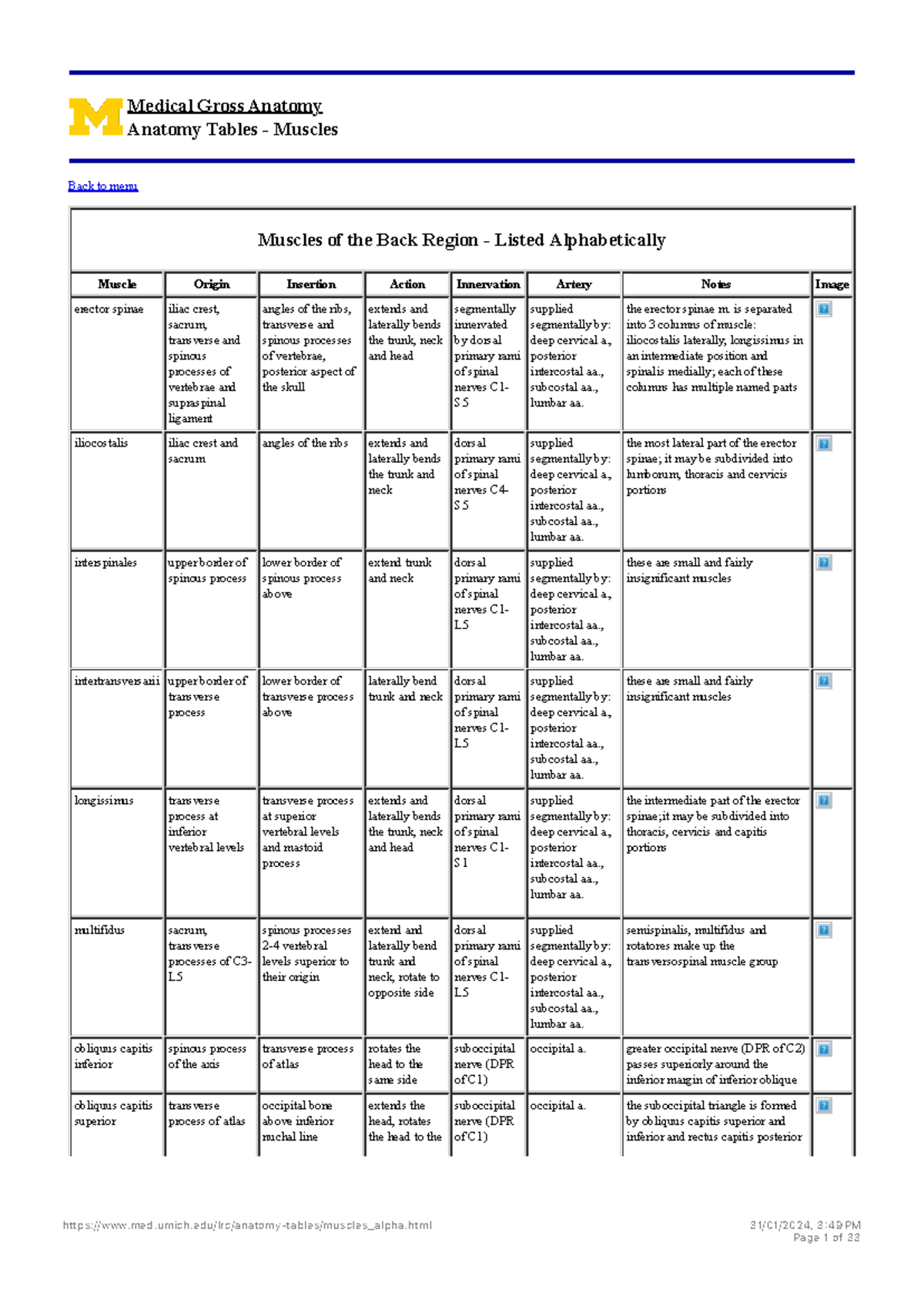 Univ of Michigan - Gross Anatomy - Muscles Tables - Medical Gross ...