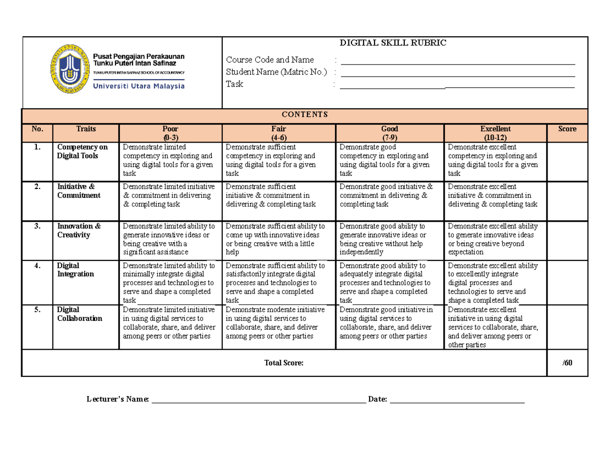 Tissa Digital Skill Rubric - DIGITAL SKILL RUBRIC Course Code and Name ...