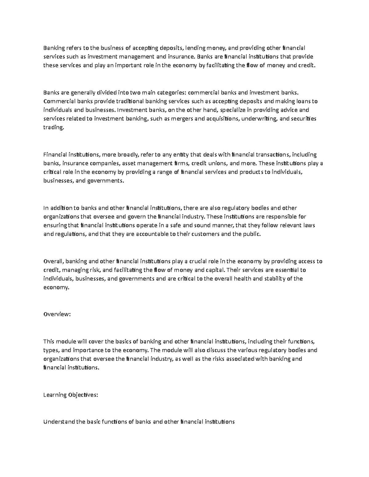 Chapter 2 - Module - Banking refers to the business of accepting ...