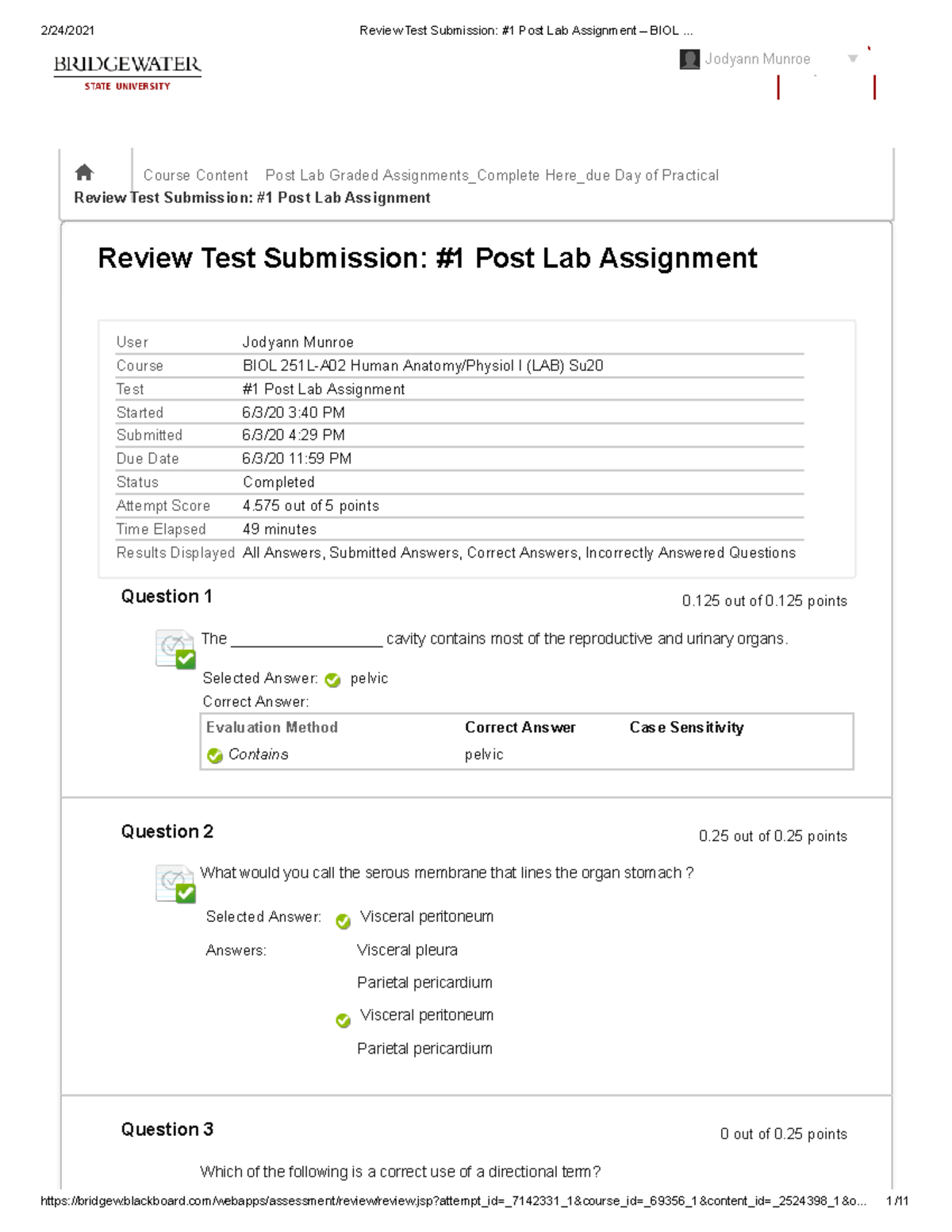 Review Test Submission #1 Post Lab Assignment – BIOL - BIO Course ...