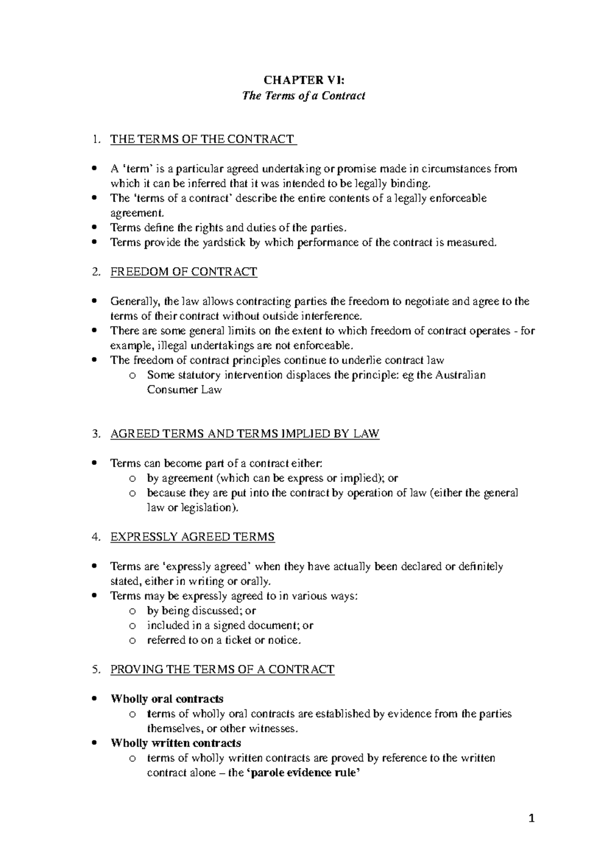Lecture VI: The terms of a Contract - CHAPTER VI: The Terms of a ...