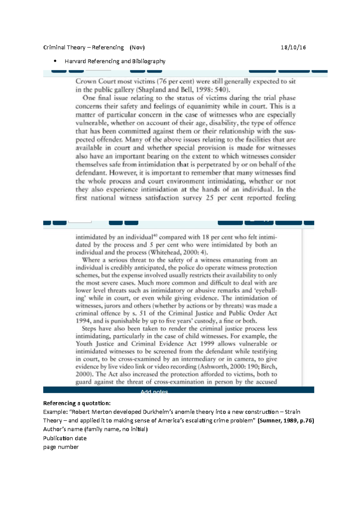 Criminal Theory Referencing Notes - (1989), Criminological Theory in ...