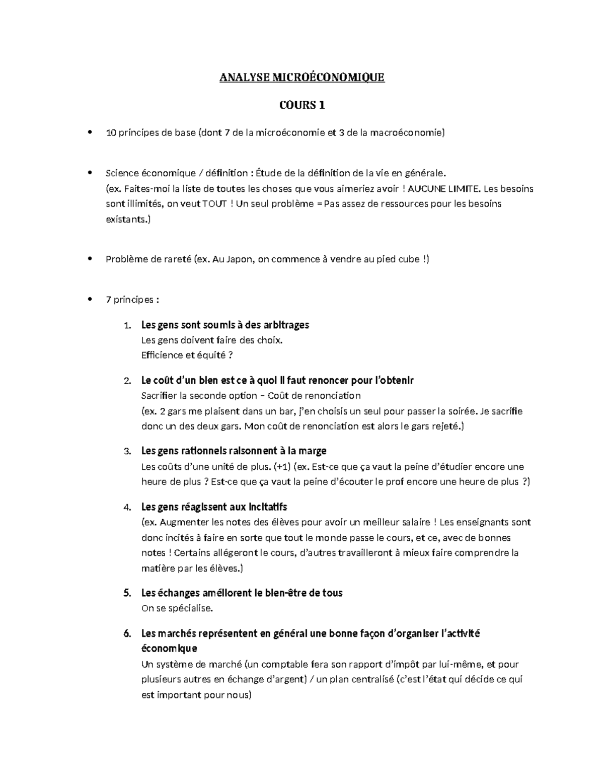 Cours 1 et 2 - ANALYSE MICROÉCONOMIQUE COURS 1 10 principes de base ...