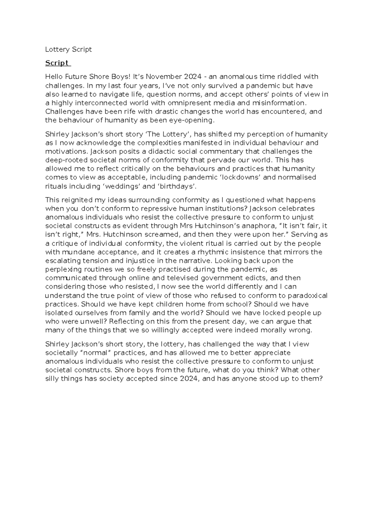 5289 - Texts and Human Experiences - Lottery Script Script Hello Future ...