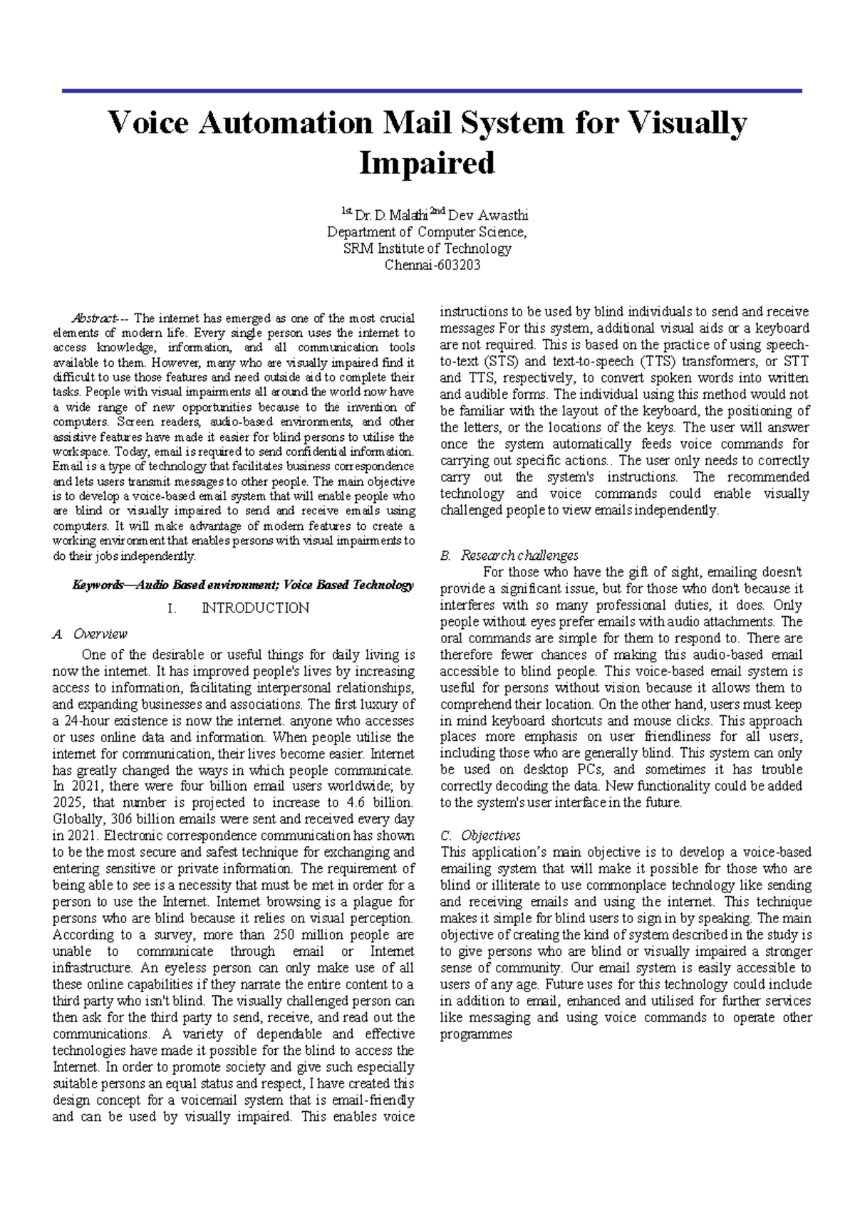 Voice based research paper by dev - Voice Automation Mail System for Visually Impaired 1st Dr. D ...