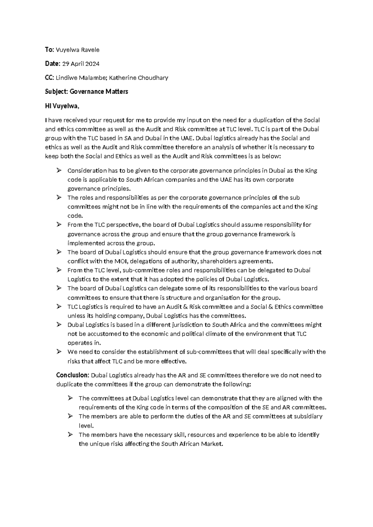 Task 6 - APC - To: Vuyelwa Ravele Date: 29 April 2024 CC: Lindiwe ...