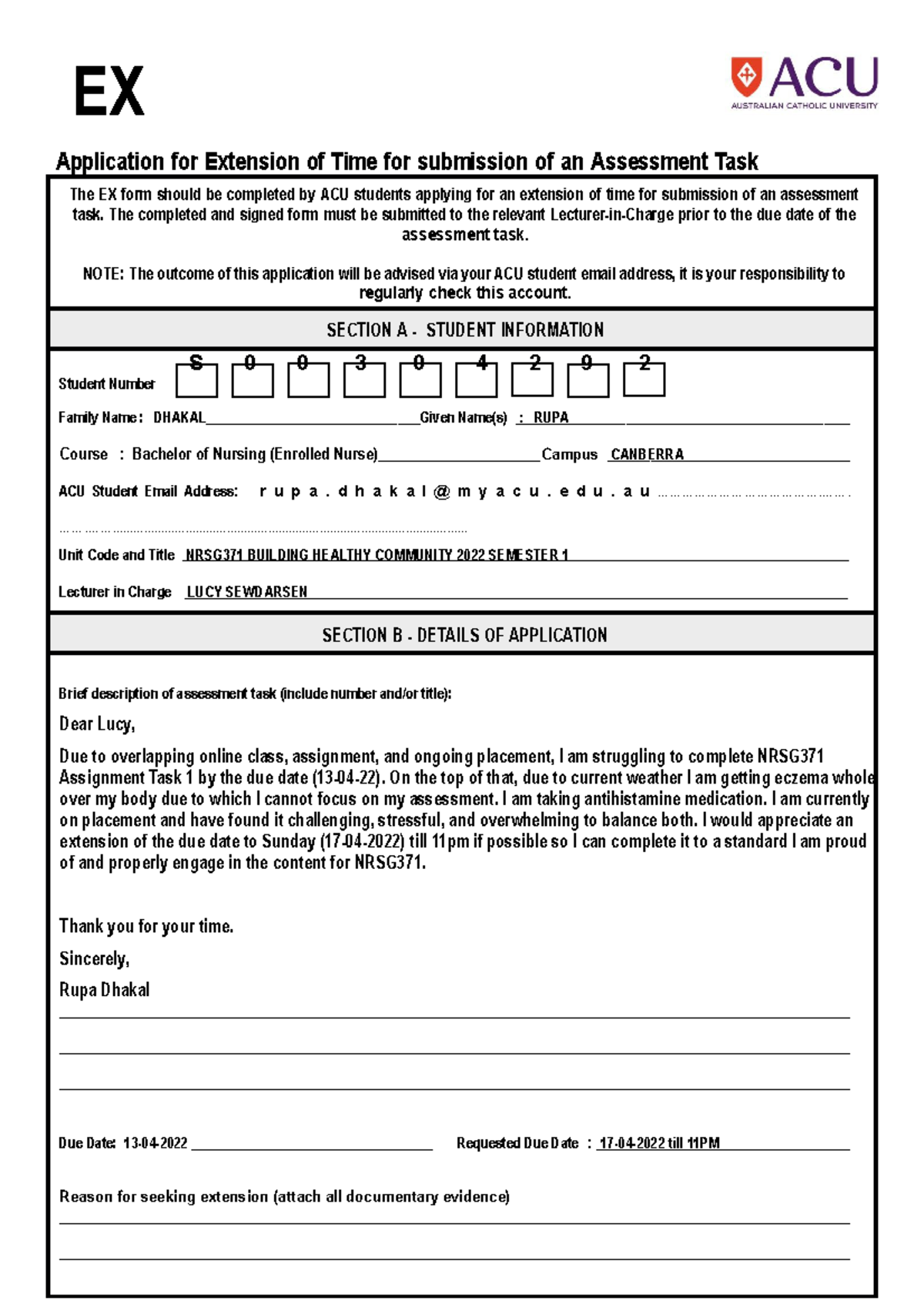 EX - Application for Ext of Time for Submission of Assessment NRSG371 ...