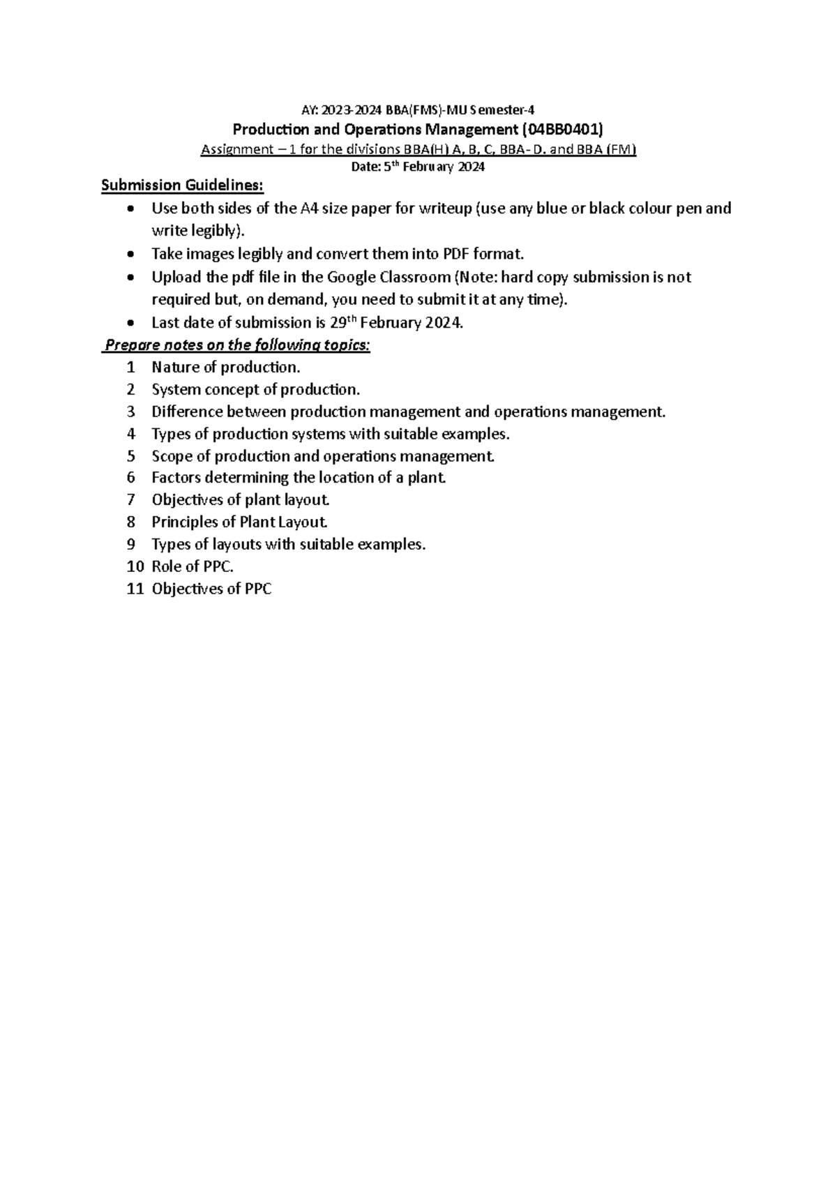 P&OM-Asignment-1 - AY: 2023 - 2024 BBA(FMS)-MU Semester- 4 Production ...
