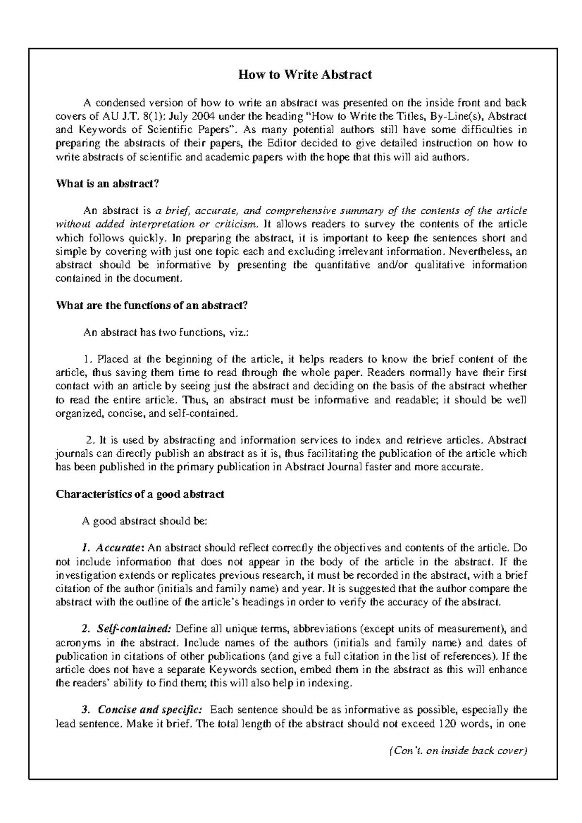 How to write a paper - How to Write Abstract A condensed version of how ...