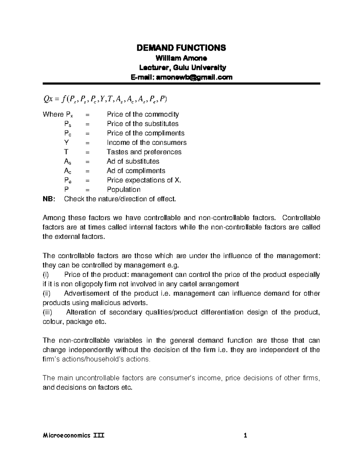 Topic 3 Demand functions 3 - DEMAND FUNCTIONS William Amone Lecturer ...