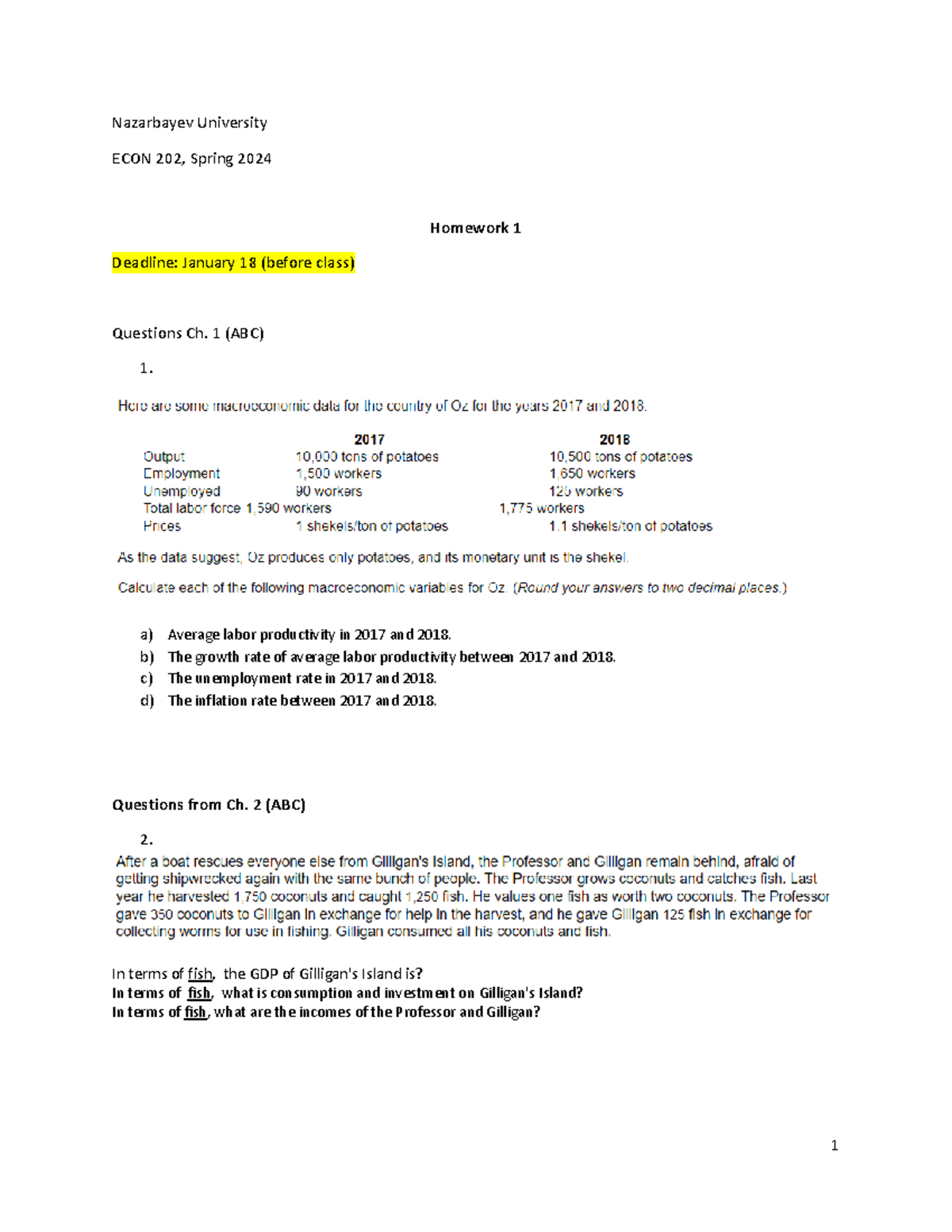 ECON 202 HW1 S2024 - 1 Nazarbayev University ECON 202, Spring 2024 ...