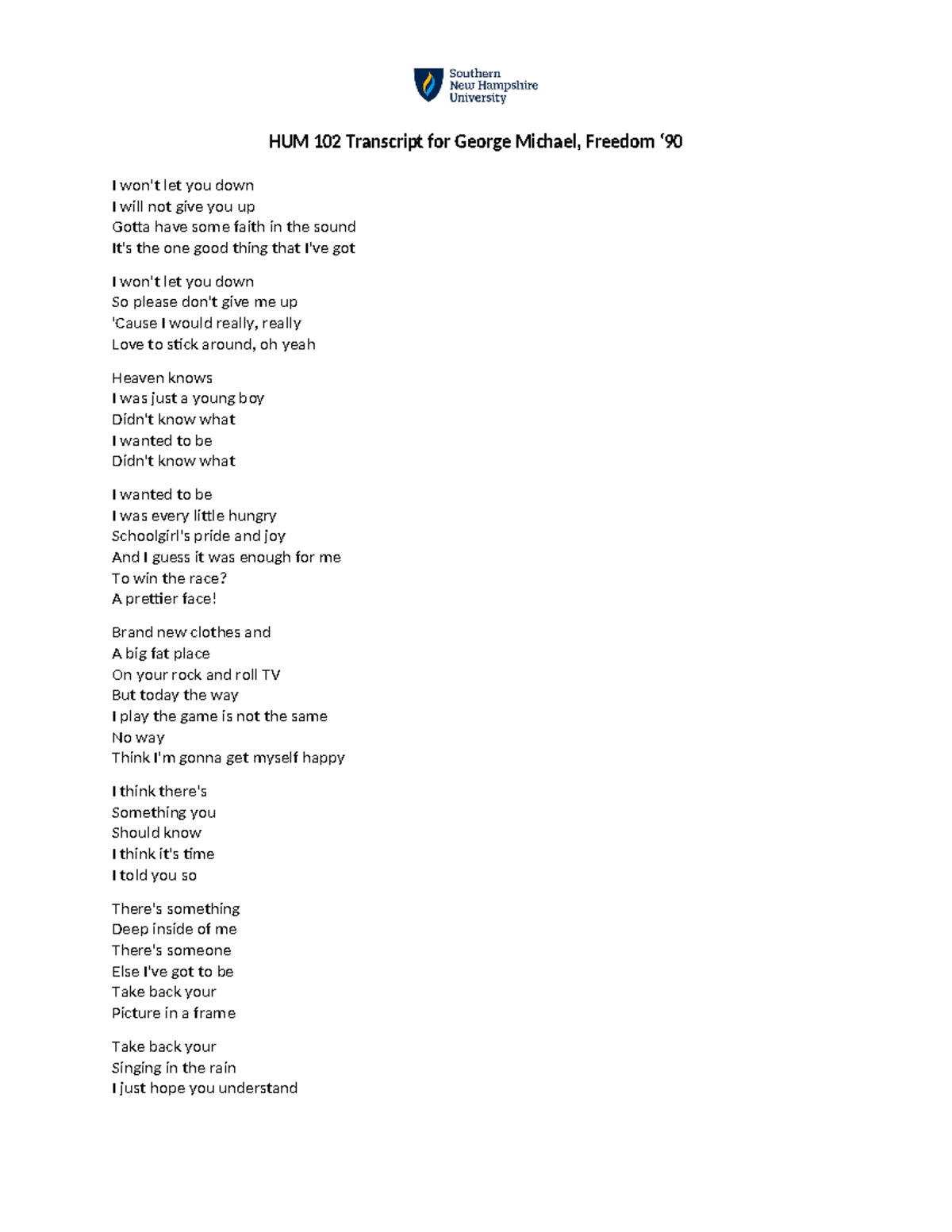 HUM 102 Transcript for George Michael, Freedom '90 - Studocu