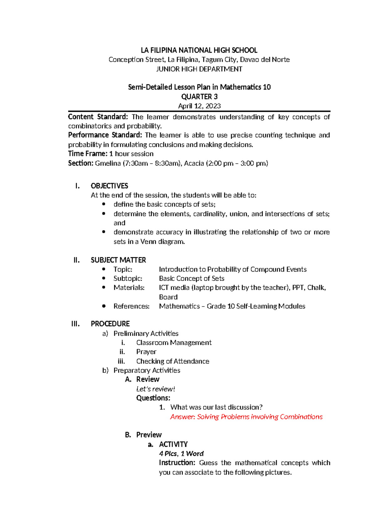 Basic Concepts of Sets - BSED- MATH LESSON PLAN - LA FILIPINA NATIONAL ...
