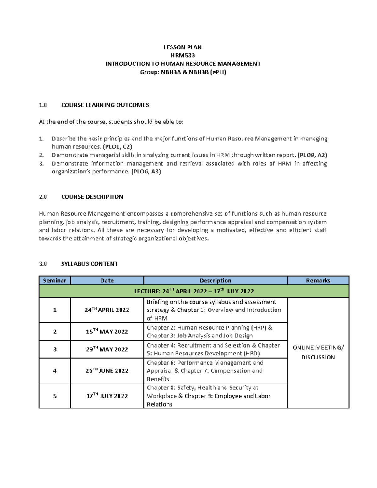 HRM533 Lesson PLAN March August 2022 e PJJ - LESSON PLAN HRM ...