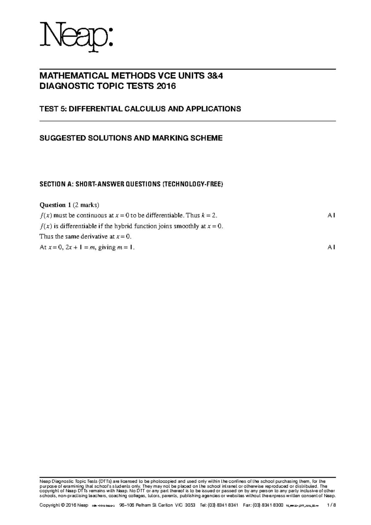 Maths Methods Units 3&4 DTT 5 Solutions - MATHEMATICAL METHODS VCE ...