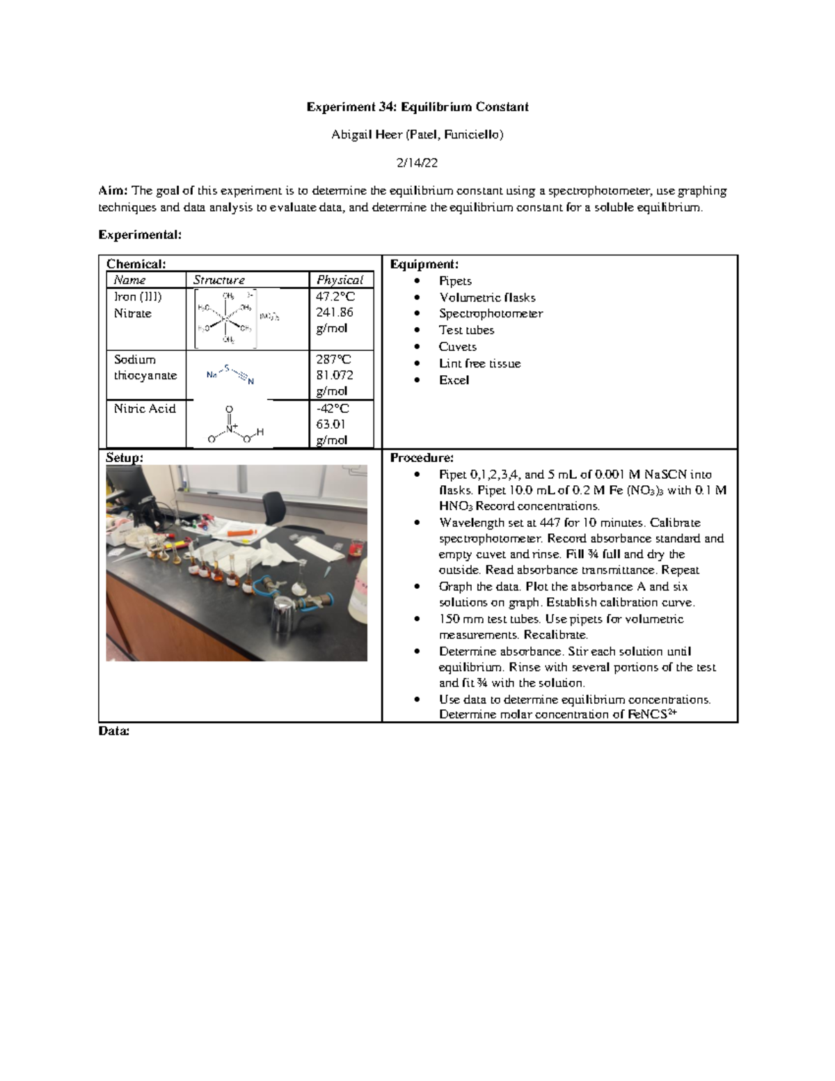 Equilibrium Experiment for lab - CHEM 1310 - NSU - Studocu