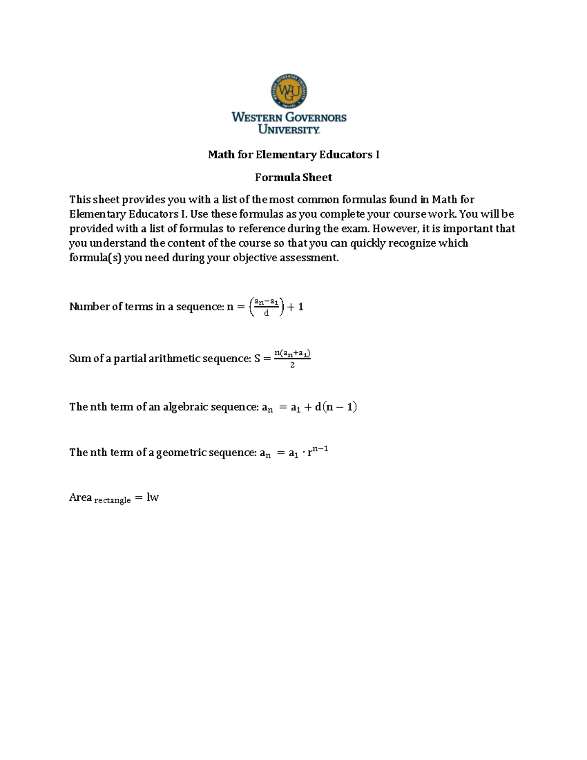 Mee1 Formula Sheet Math For Elementary Educators I Formula Sheet This