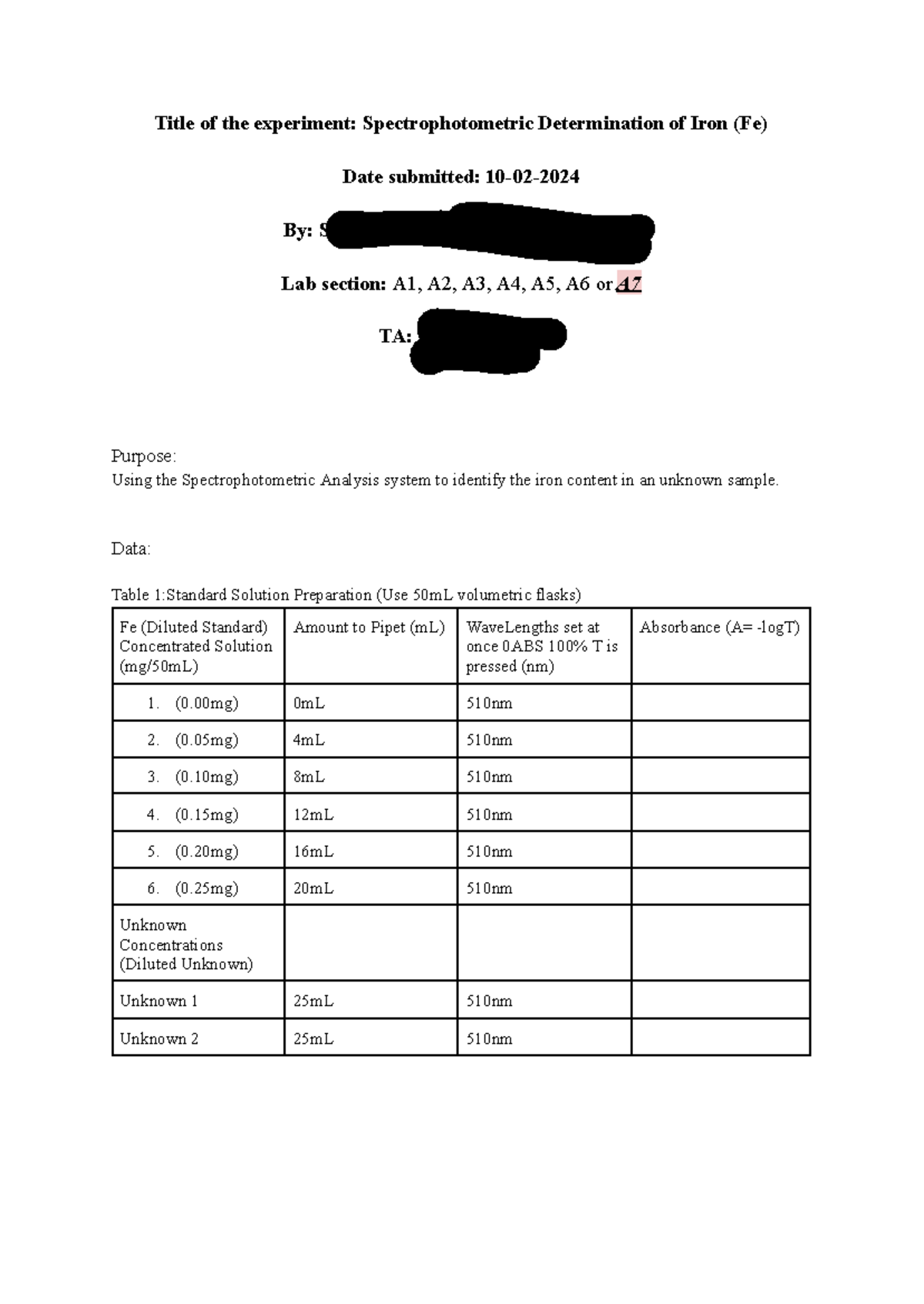 Chem 1001, Fe Pre-Lab - Fe, Pre-Lab - Title of the experiment ...
