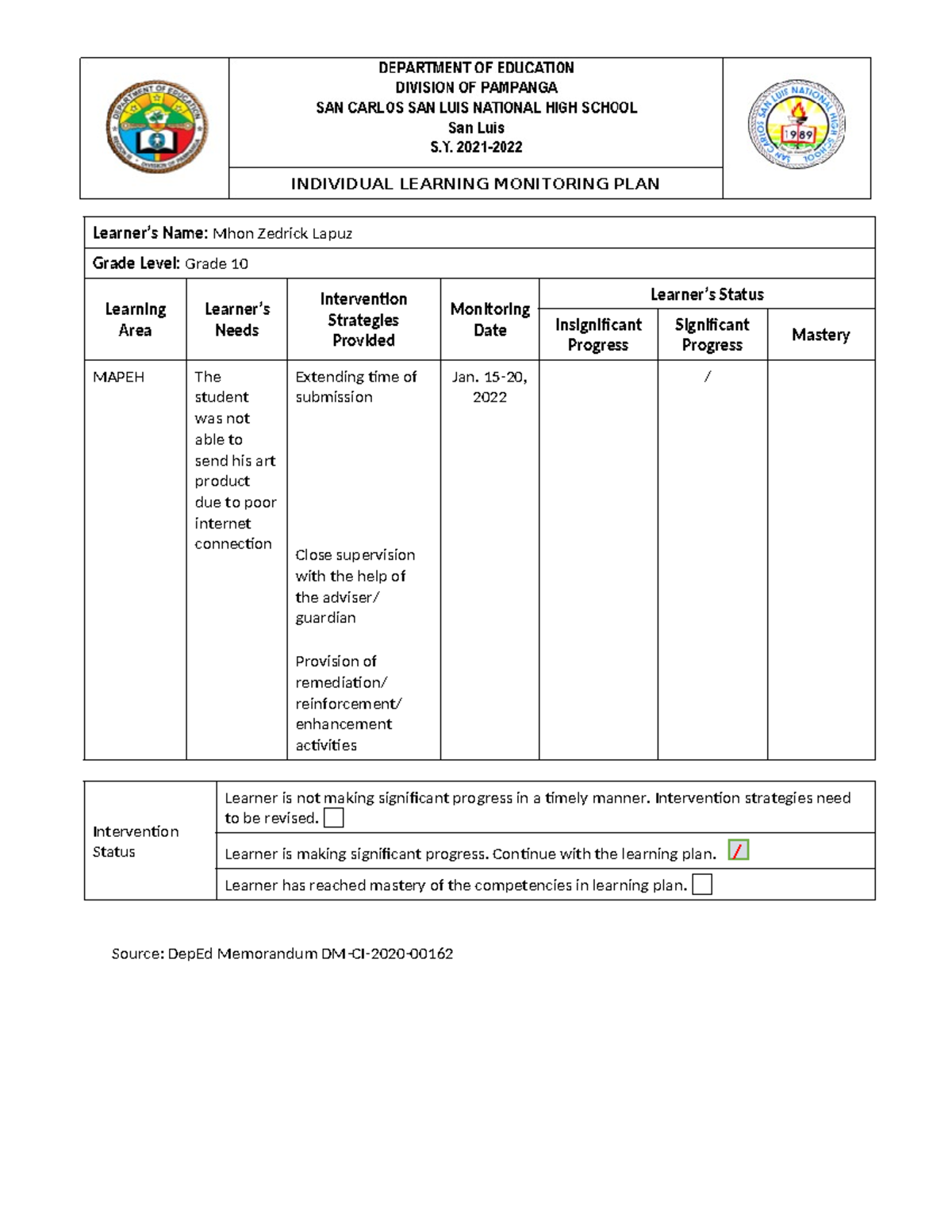 Individual-Learning-Monitoring-Plan-2022 Mpbasos - Learner’s Name: Mhon ...