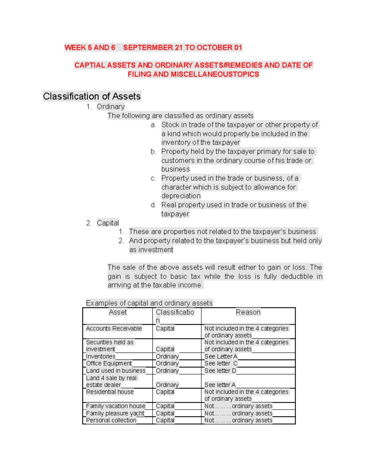 Income tax ( CAPTIAL ASSETS AND ORDINARY ASSETS/REMEDIES AND DATE OF ...