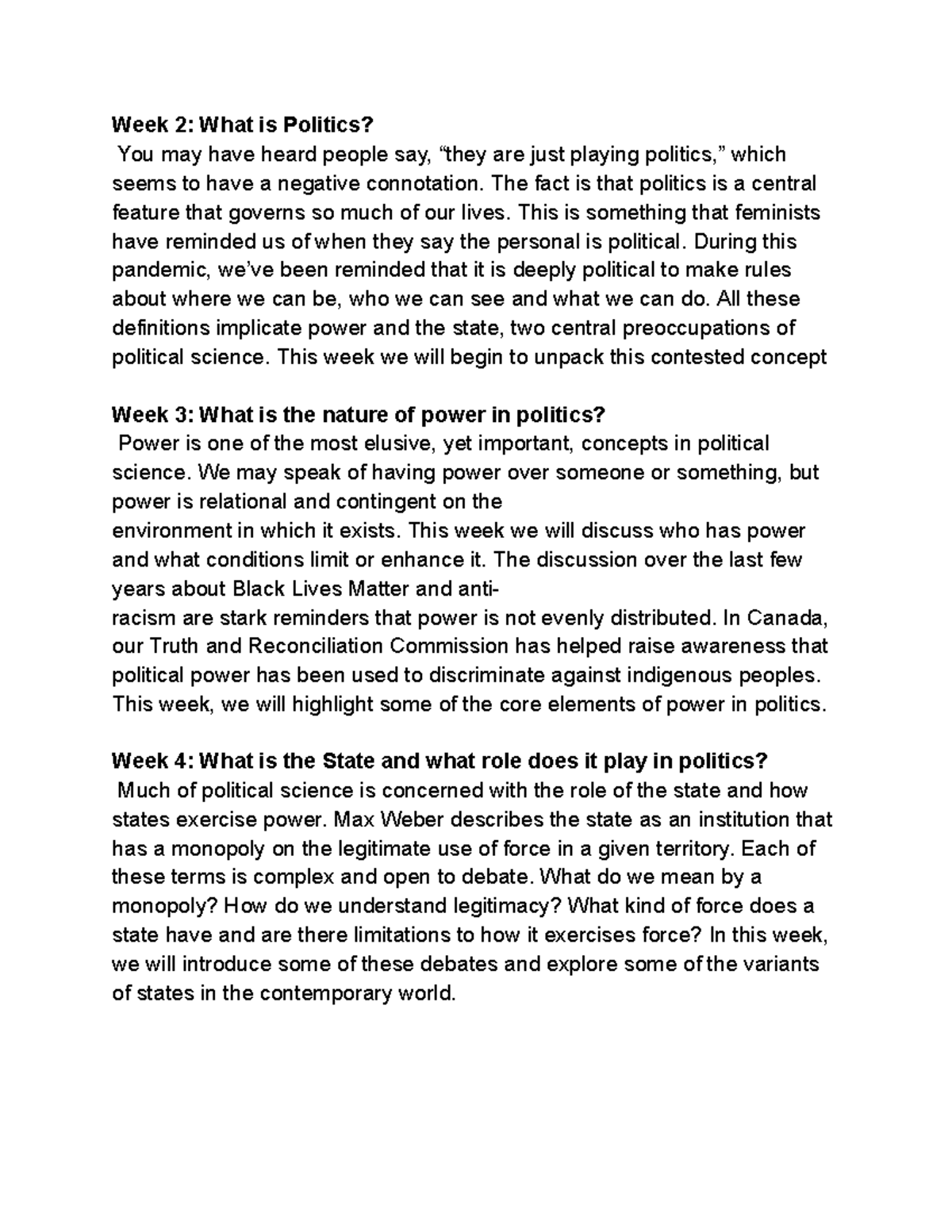 Politics 110B Week by Week Summaries - Week 2: What is Politics? You ...