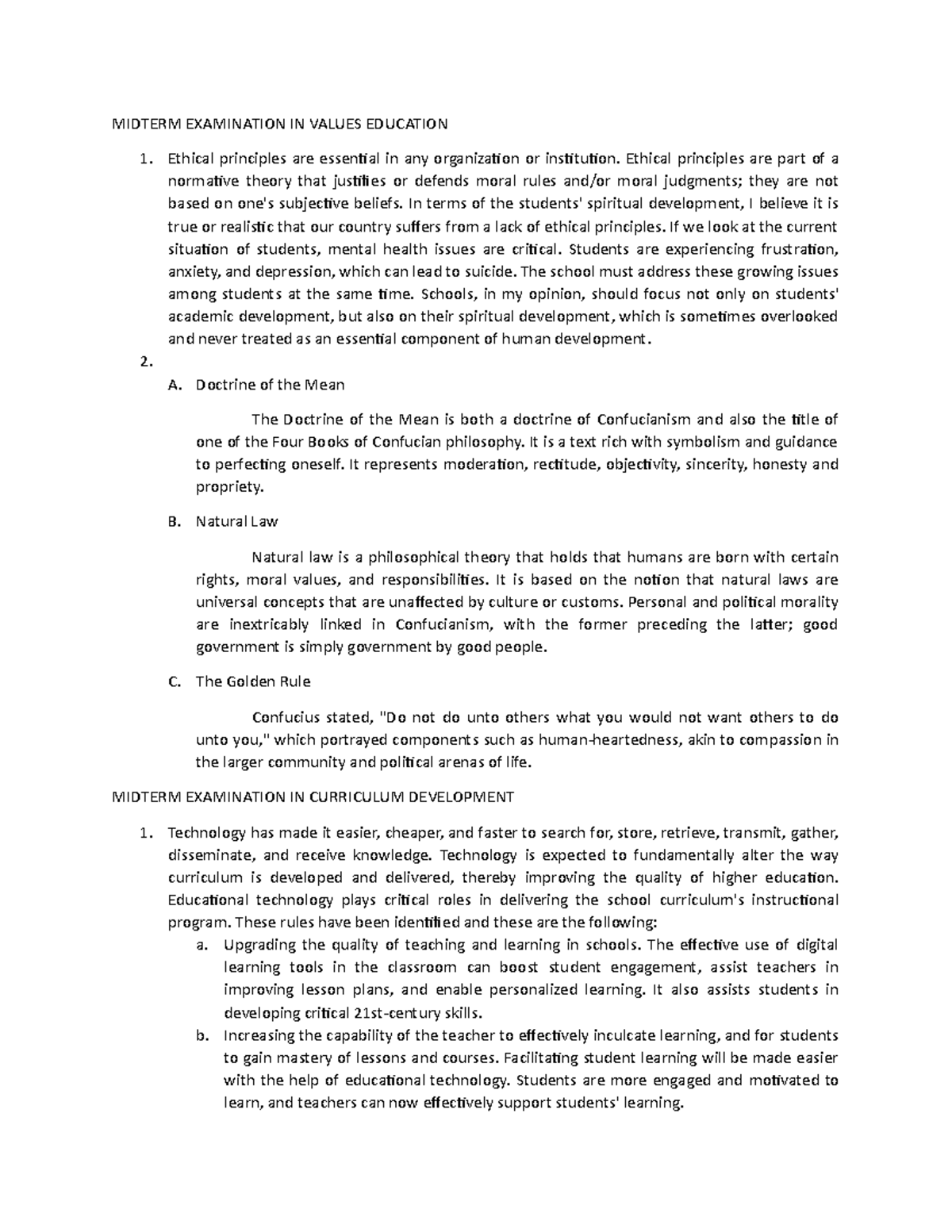 Midterm Examination IN Values Education - MIDTERM EXAMINATION IN VALUES ...