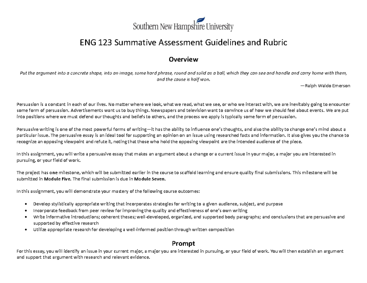ENG 123 Summative Assessment Guidelines and Rubric - —Ralph Waldo ...