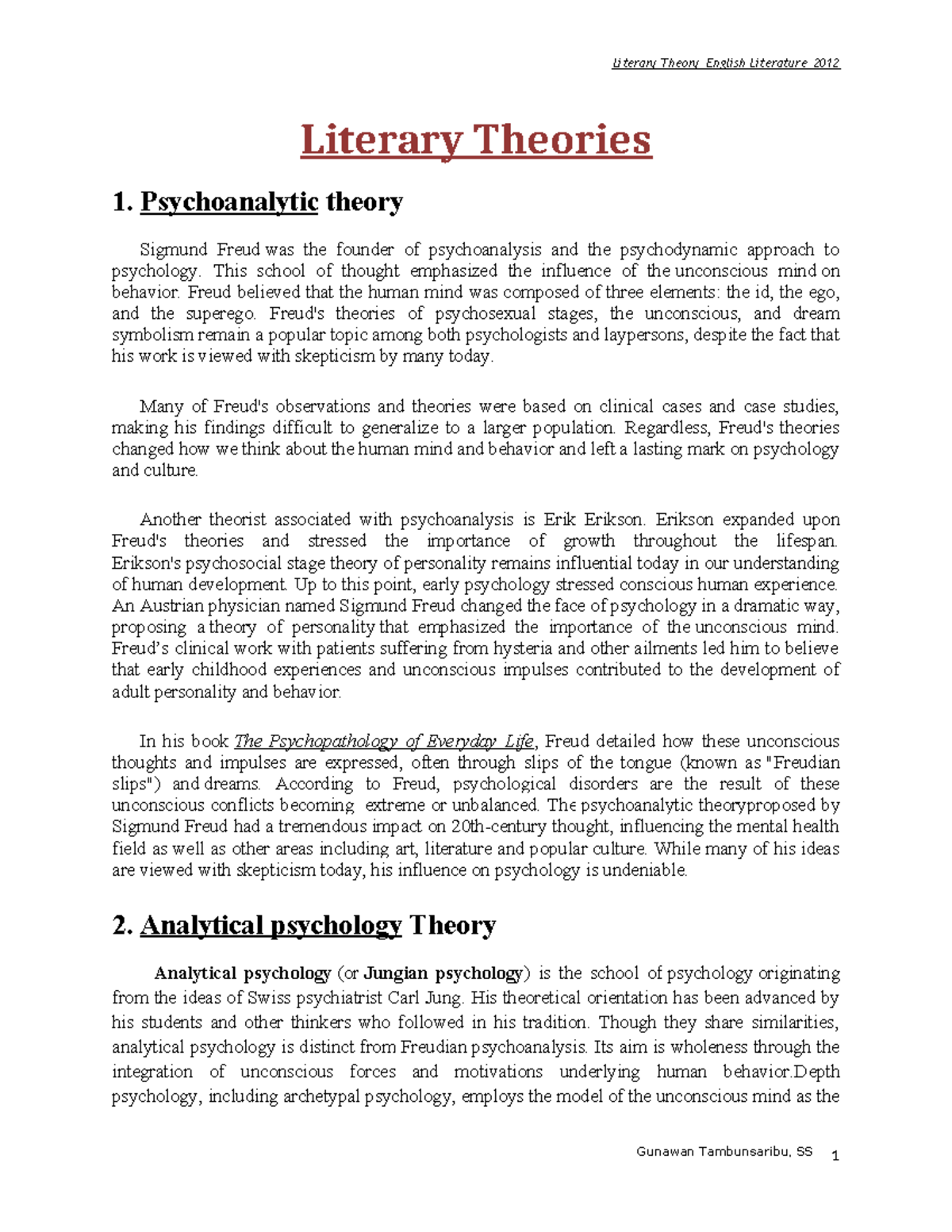 Literary Theories 1 Psychoanalytic theor - Literary Theories 1 ...