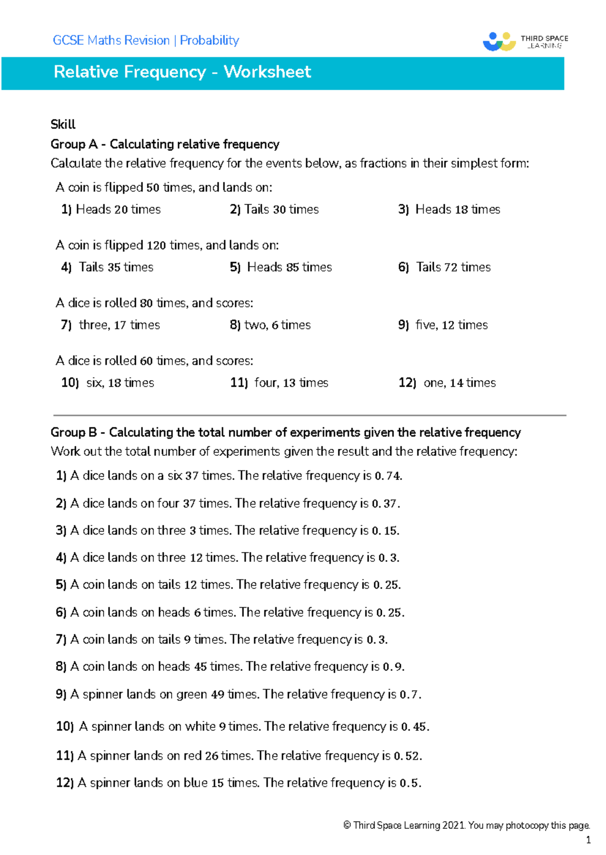 Third Space Learning Relative frequency GCSE Worksheet 1 - Relative ...
