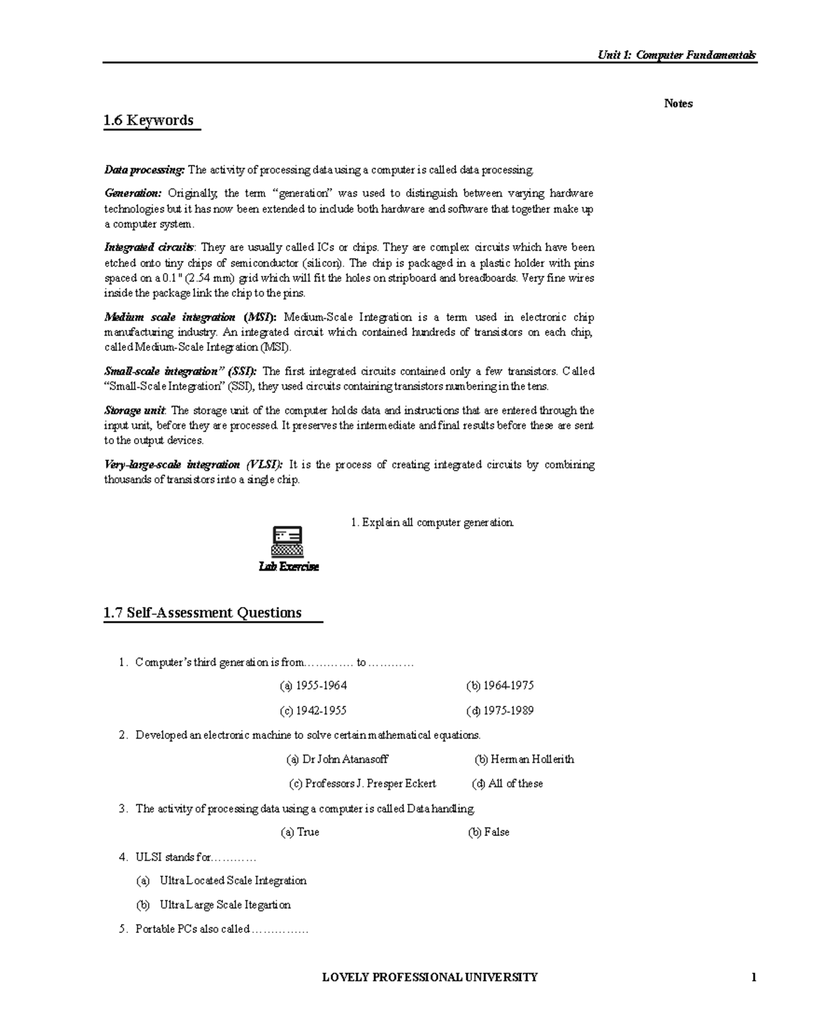 3 - notes - Unit 1: Computer Fundamentals Notes 1 Keywords Data ...
